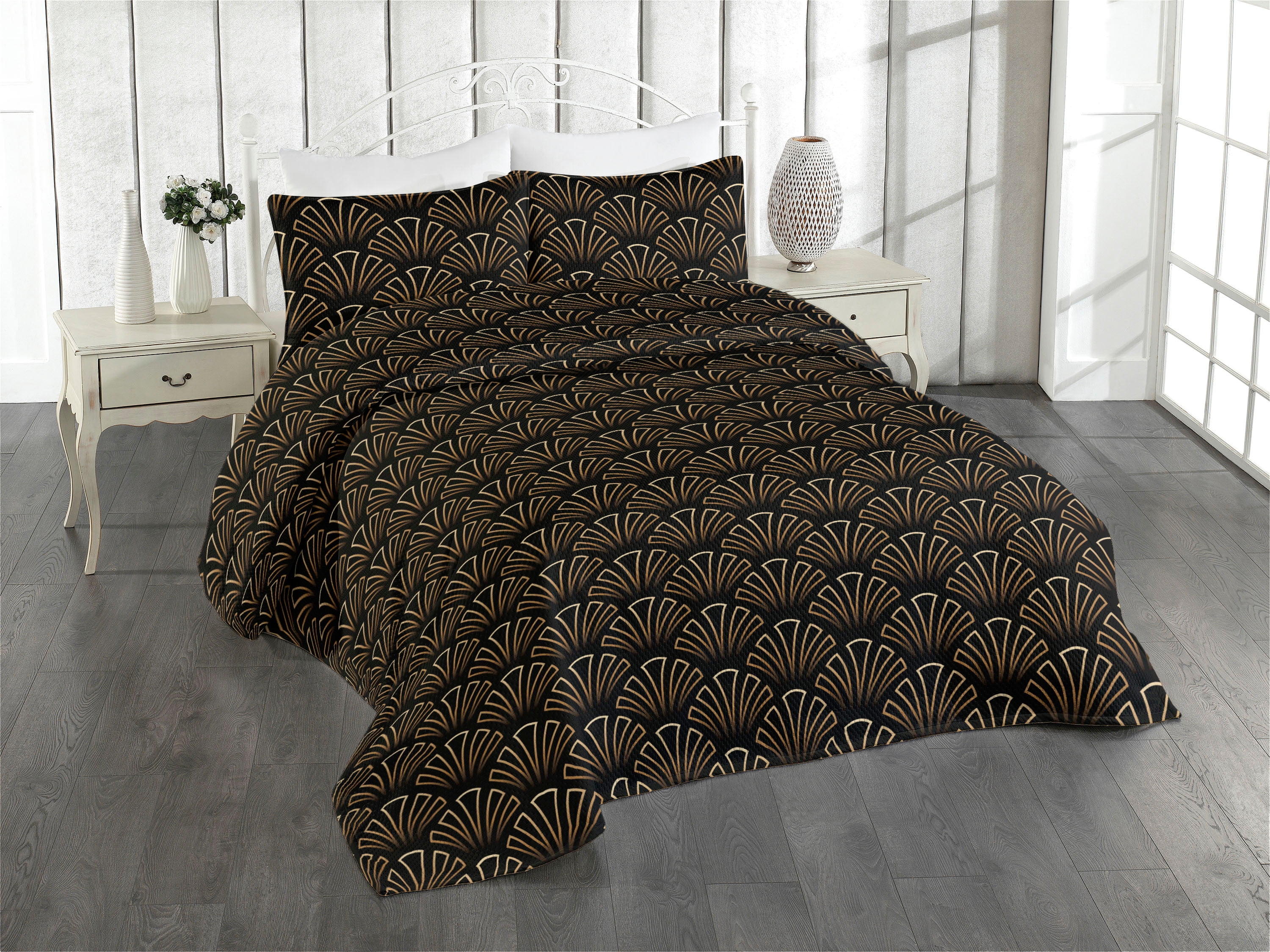 Ambesonne Art Deco Quilted Bedspread Set 3 Pcs, Shell Shapes Geometric ...