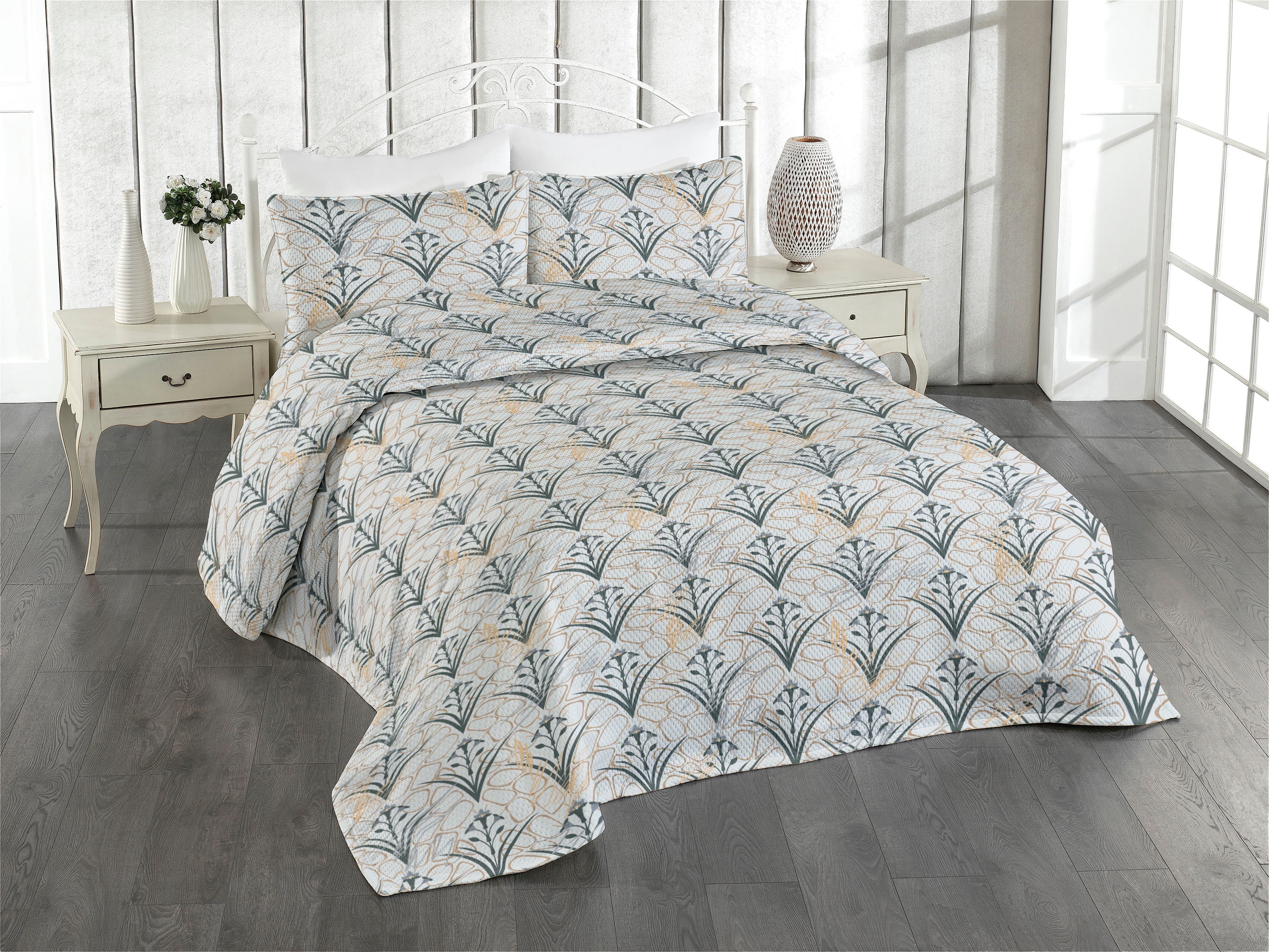 Ambesonne Art Deco Quilted Bedspread Set 3 Pcs, Simple Blossom ...