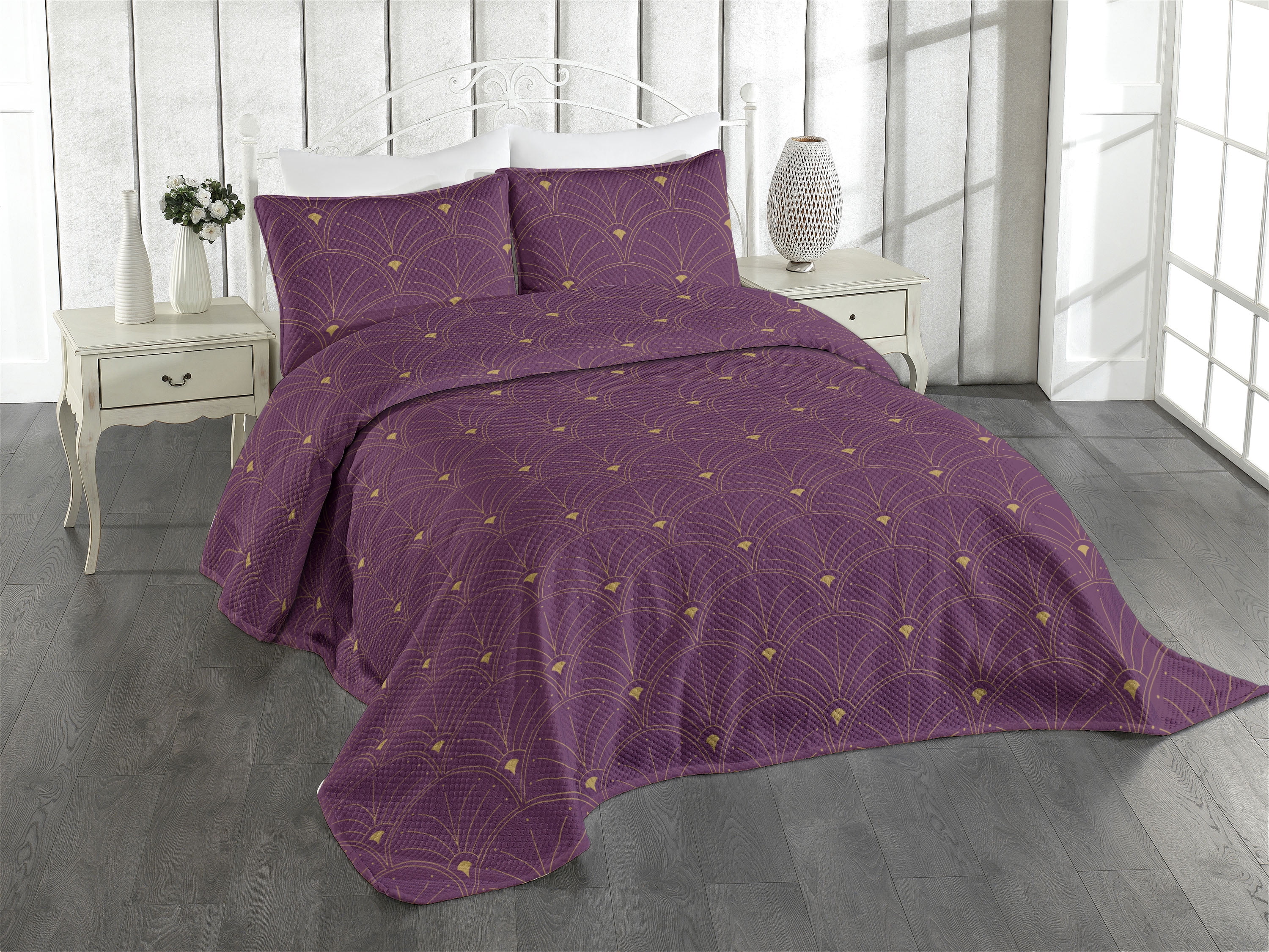 Ambesonne Art Deco Quilted Coverlet 2 Pcs, Plum Tone Classic Scales ...