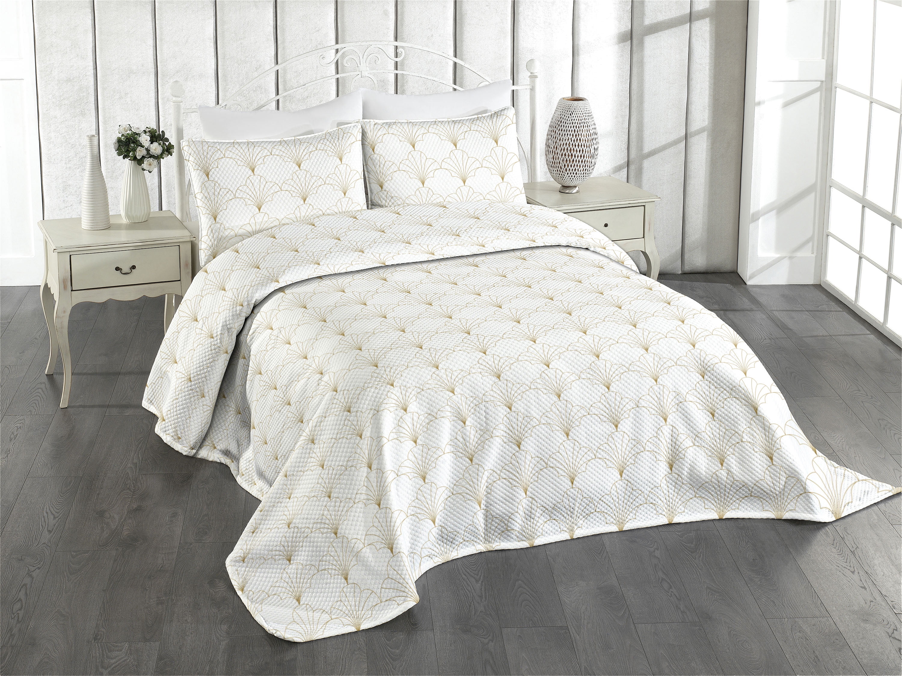 Ambesonne Art Deco Quilted Coverlet 3 Pcs, Off White Vintage Shells ...