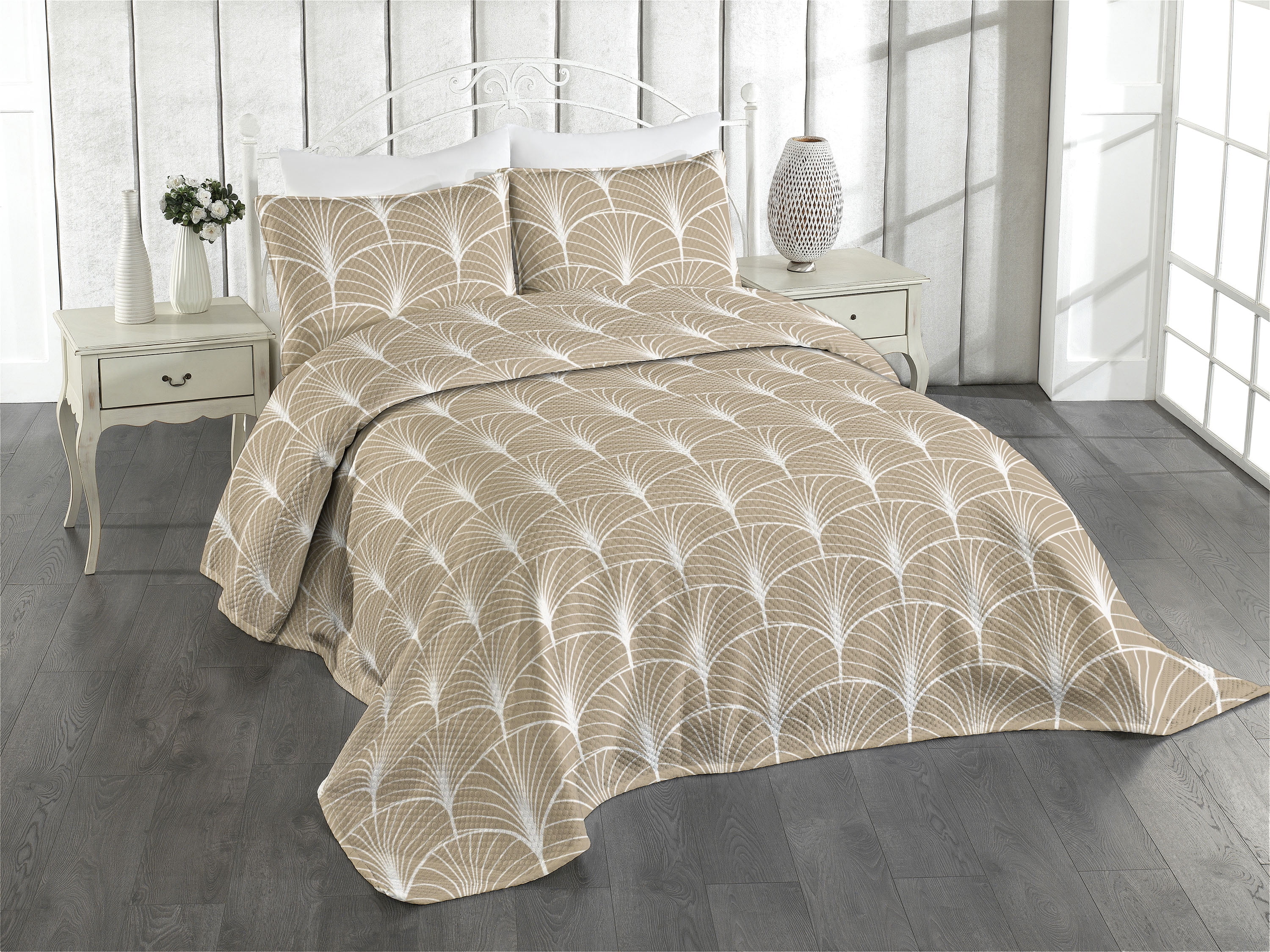 Ambesonne Art Deco Quilted Coverlet 3 Pcs, Pale Brown Semi Circles ...