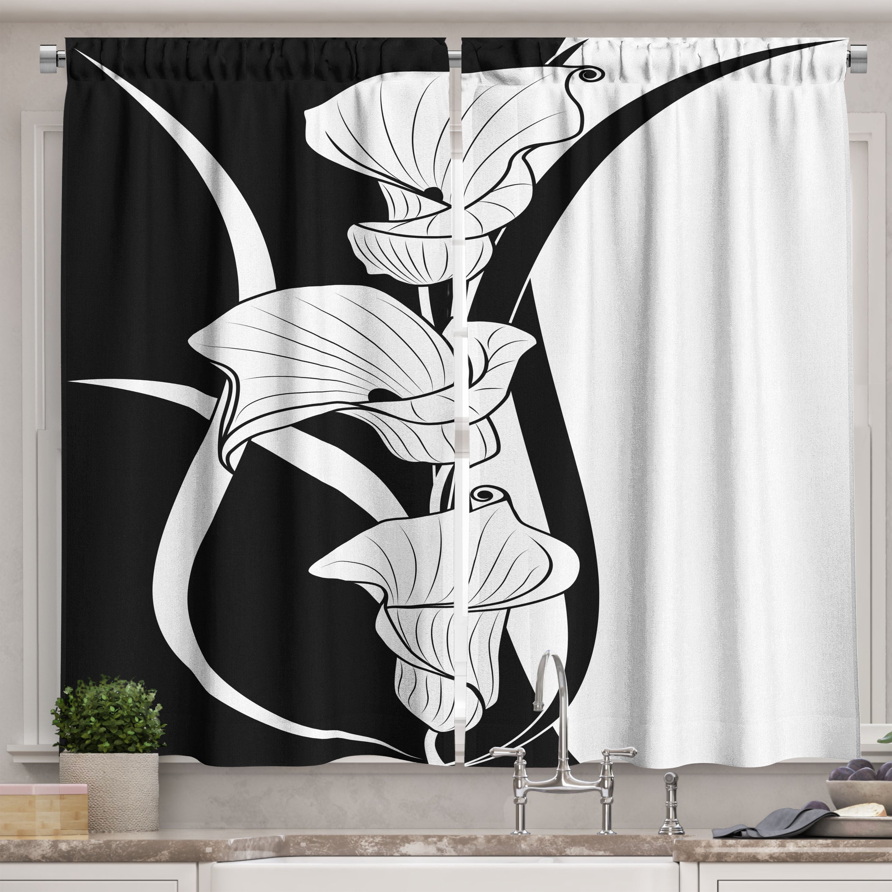 Ambesonne Art Nouveau Kitchen Curtains, Crevalle Flower, 55"x39", Black ...