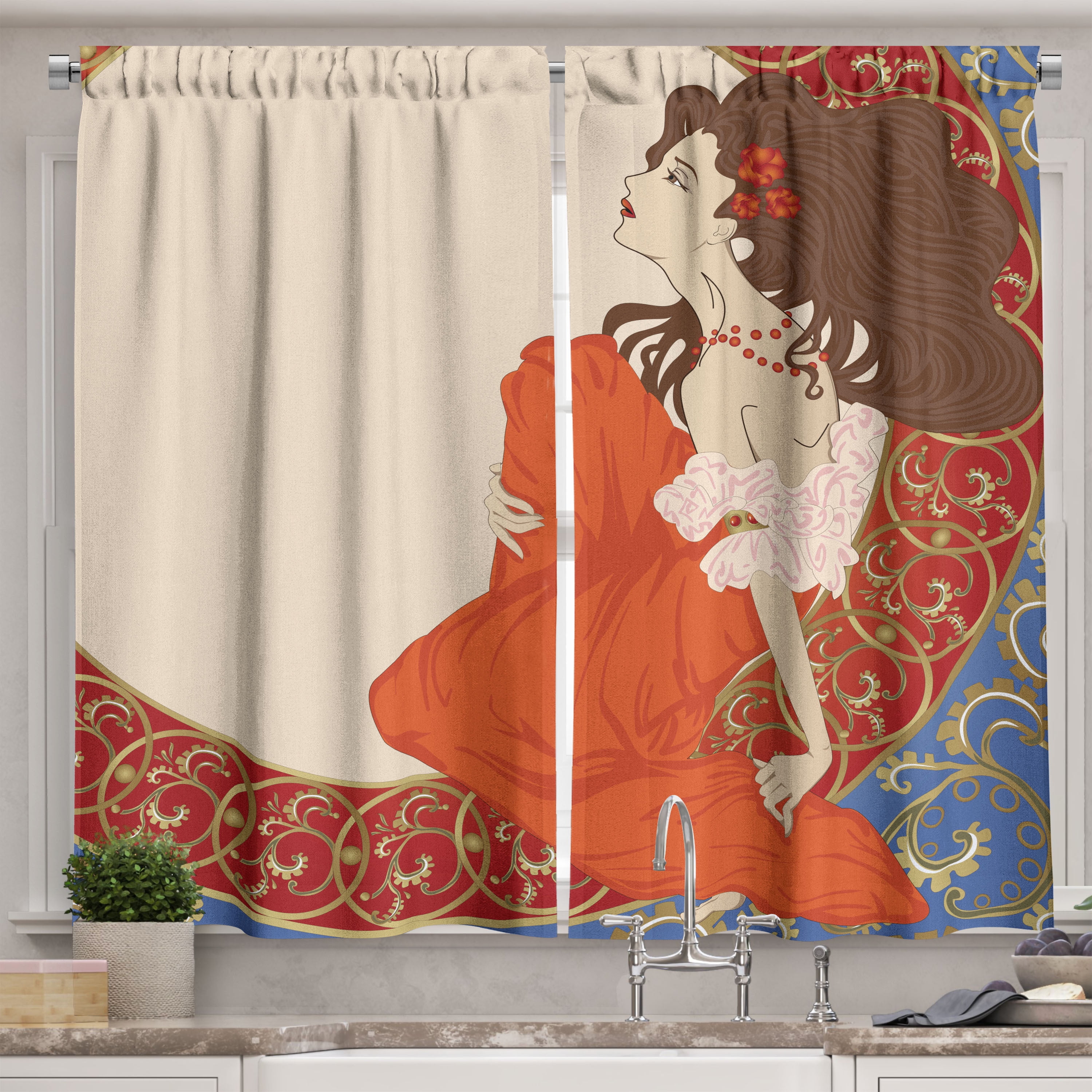 Ambesonne Art Nouveau Kitchen Curtains, Lady Antique Dress, 55"x39 ...