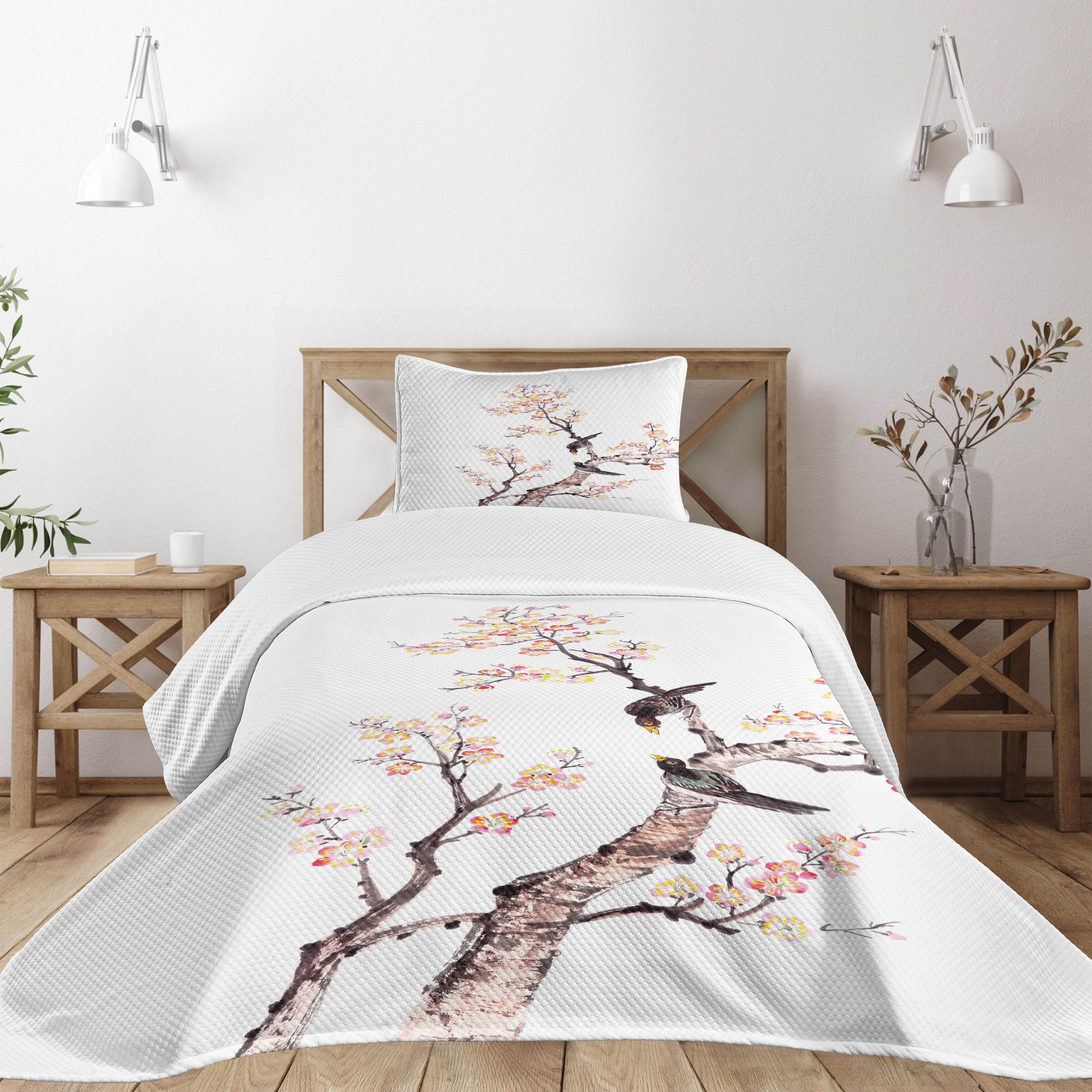 Ambesonne Art Quilted Bedspread Set 2 Pcs, Chinese Paint of Flowers ...