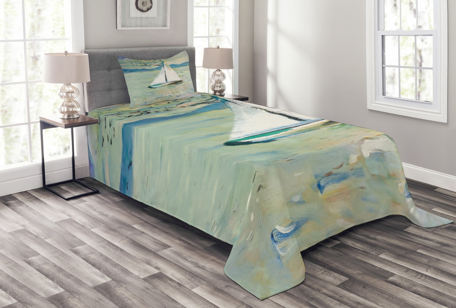 Ambesonne Art Quilted Bedspread Set 2 Pcs, Monet Sailing Boat, Twin ...