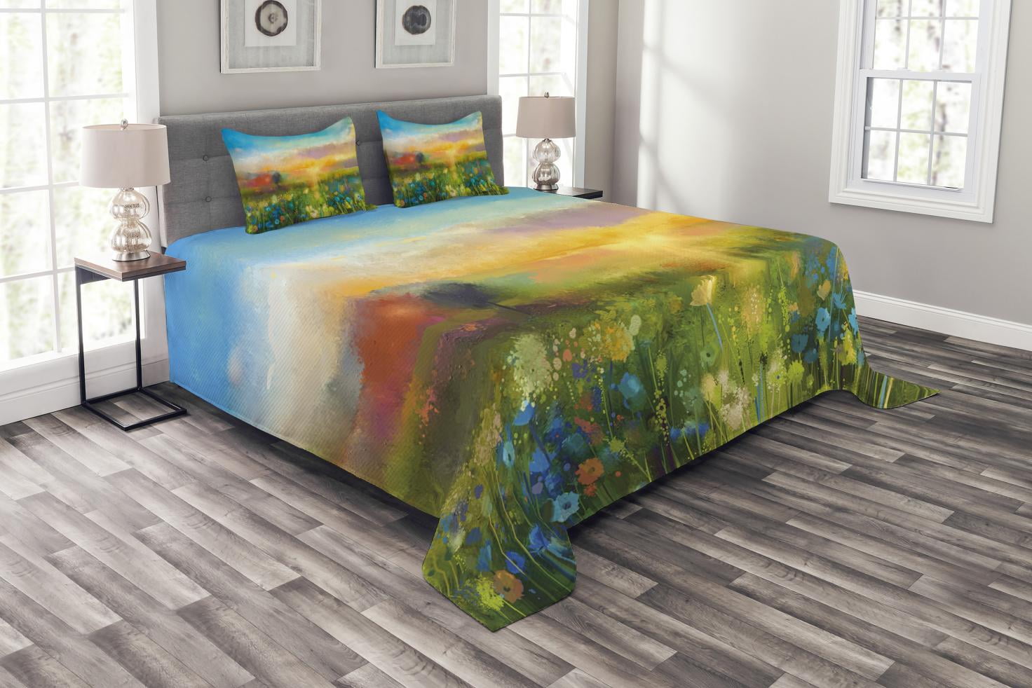 Ambesonne Art Quilted Bedspread Set 3 Pcs, Dandelion Blooms in Meadow ...