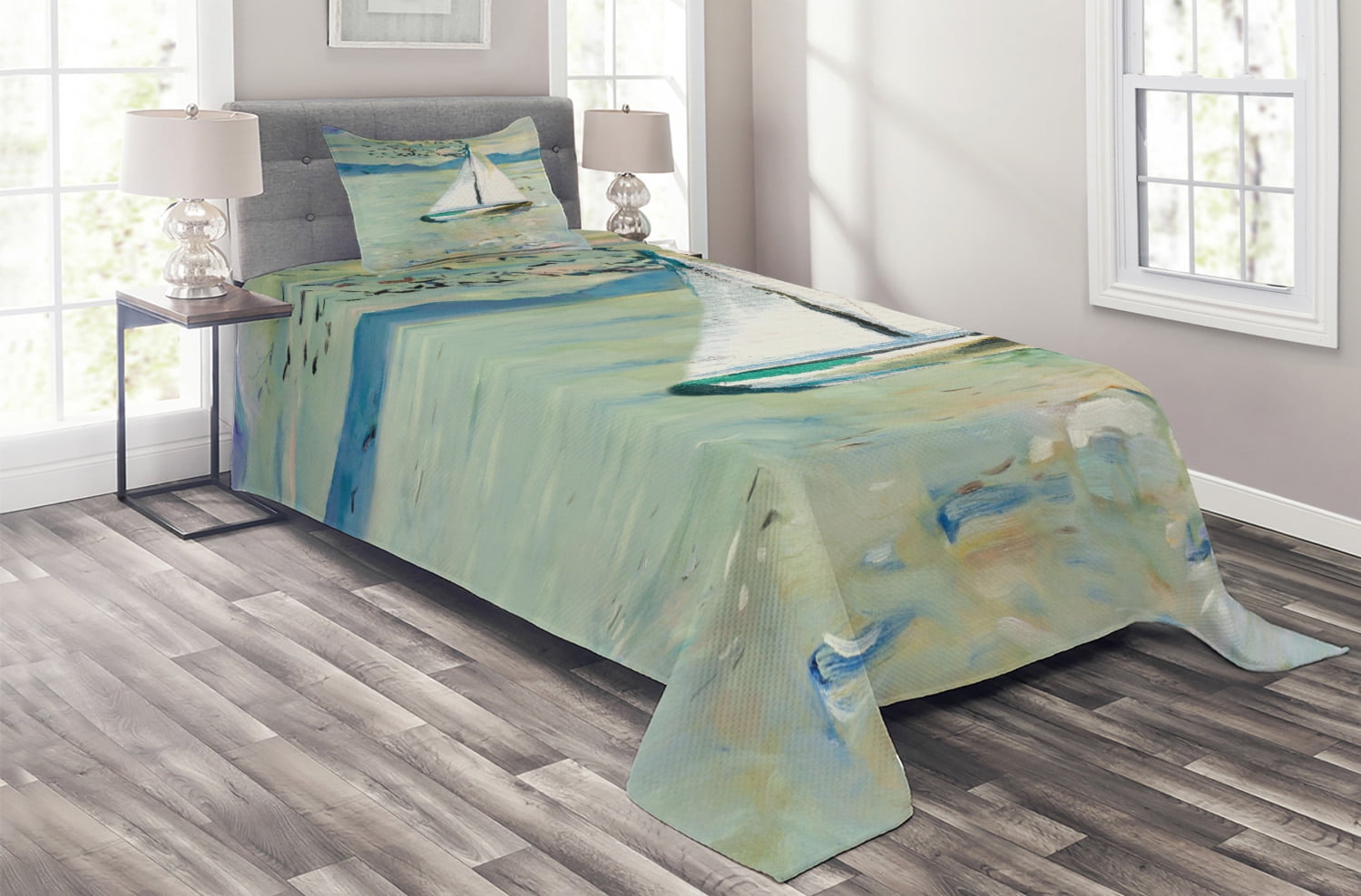Ambesonne Art Quilted Coverlet 2 Pcs, Monet Sailing Boat, Twin Size ...