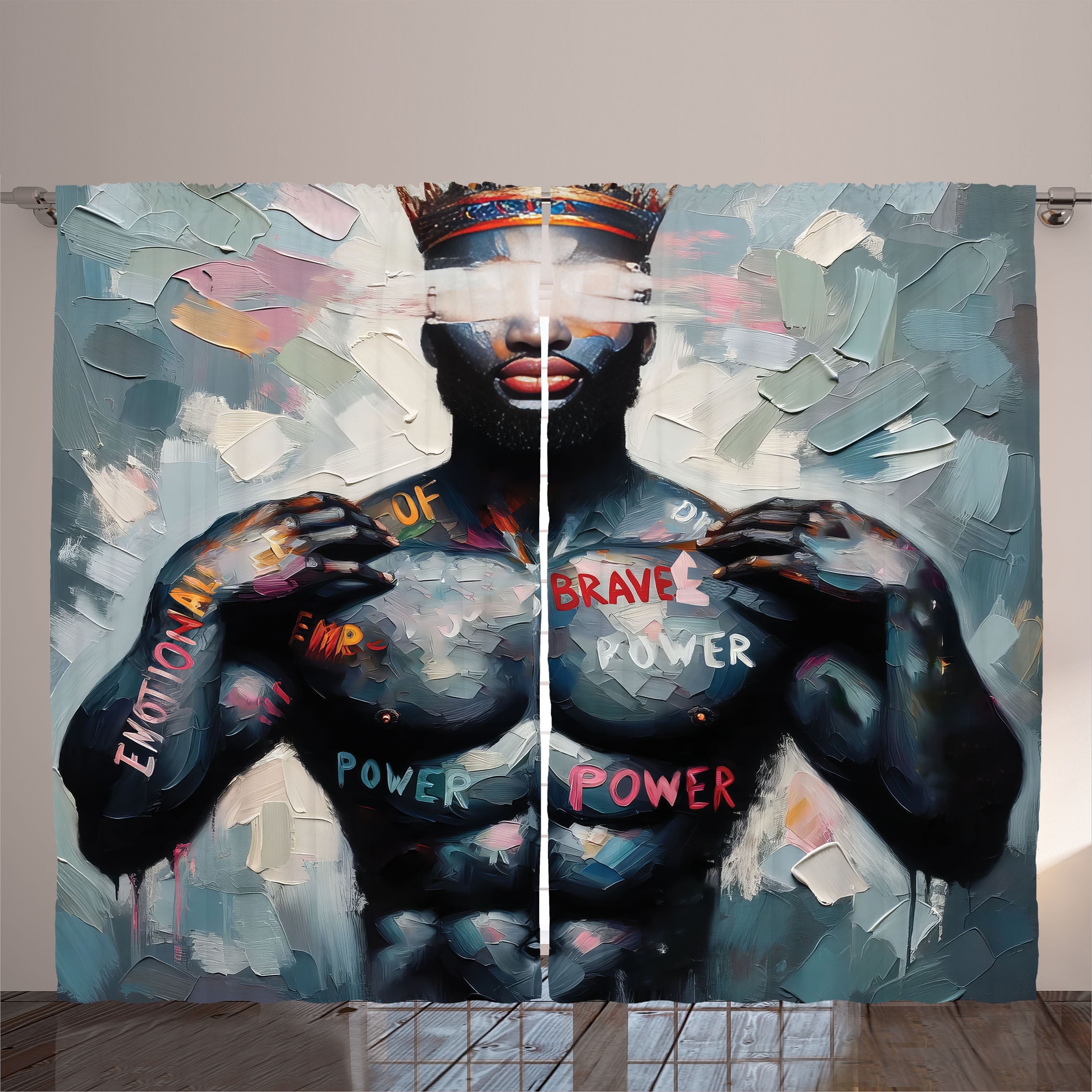 Ambesonne Artwork Curtains 2 Panel Set, Black Man Brave Power Paint ...