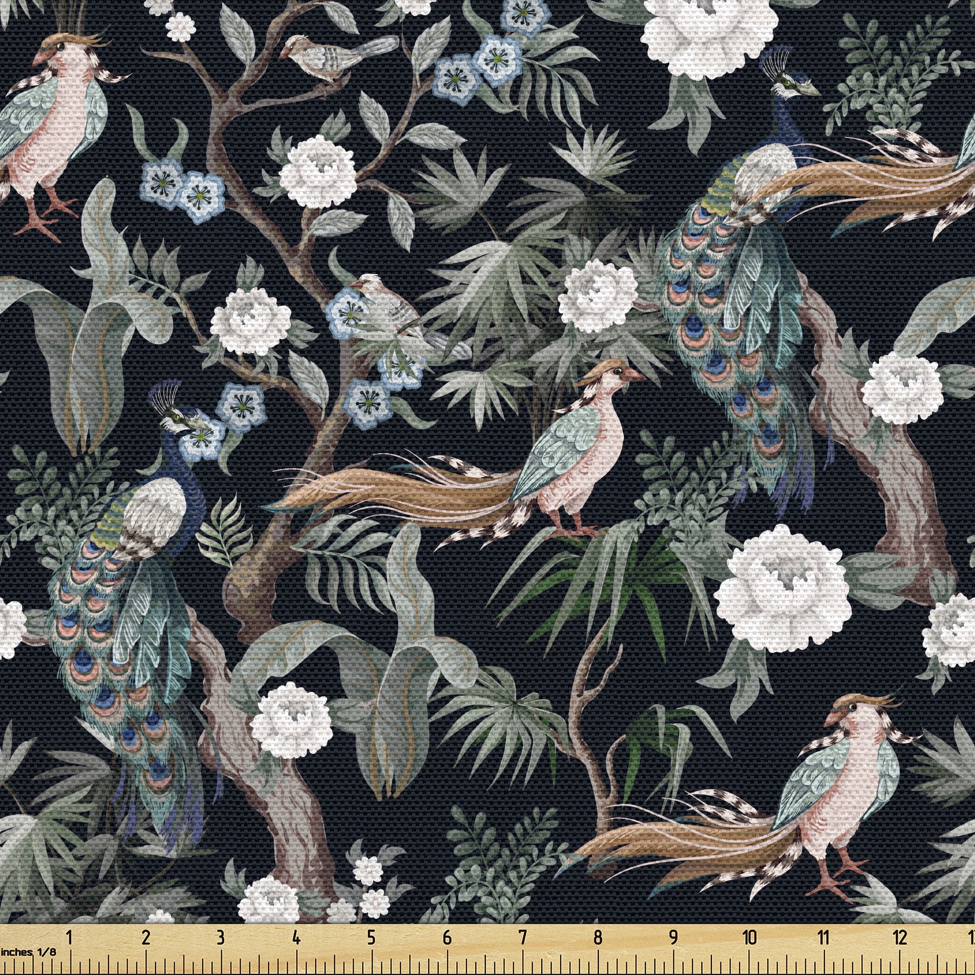 Ambesonne Asian Fabric by the Yard Upholstery, Tropical Peacock Birds ...