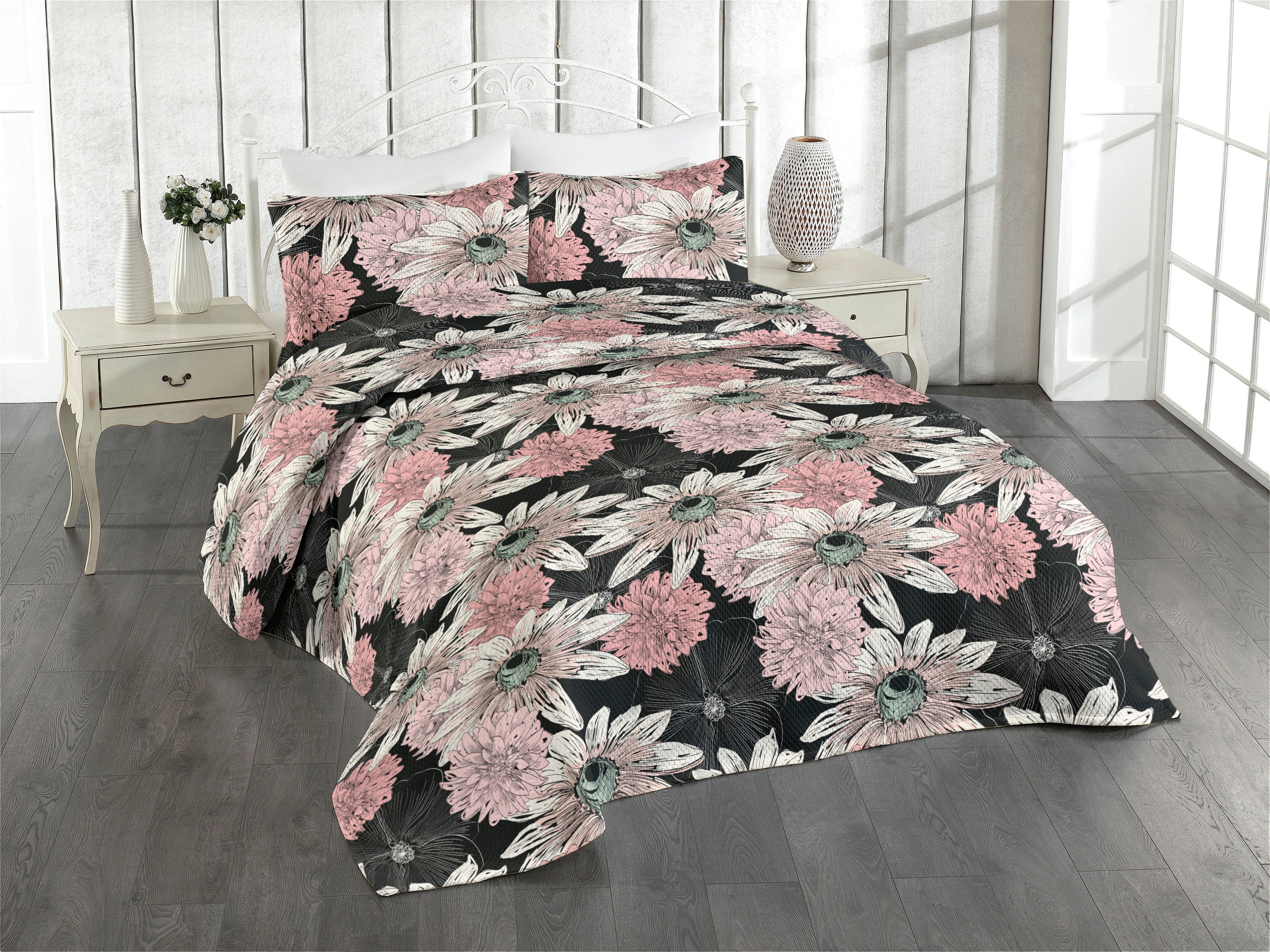 Ambesonne Asian Floral Quilted Bedspread Set 3 Pcs, Art Japanese Floral ...