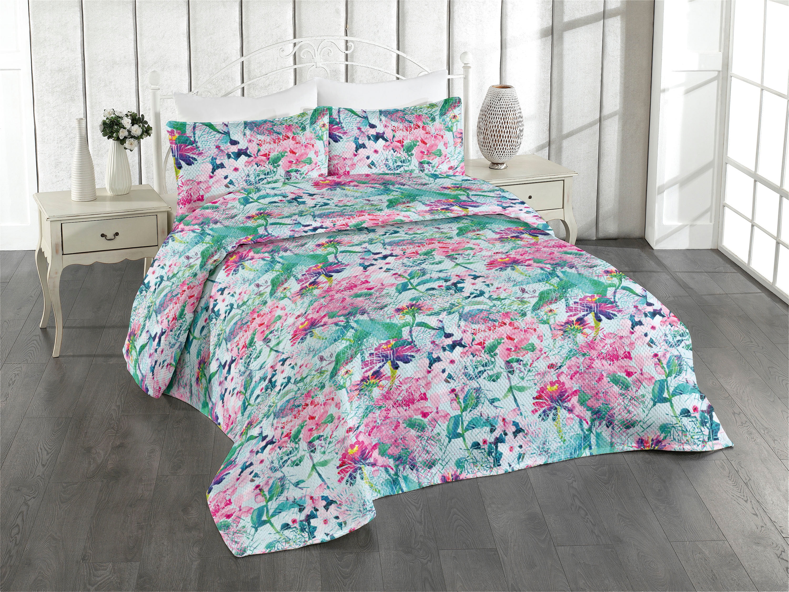 Ambesonne Asian Floral Quilted Bedspread Set 3 Pcs, Grunge Japanese ...