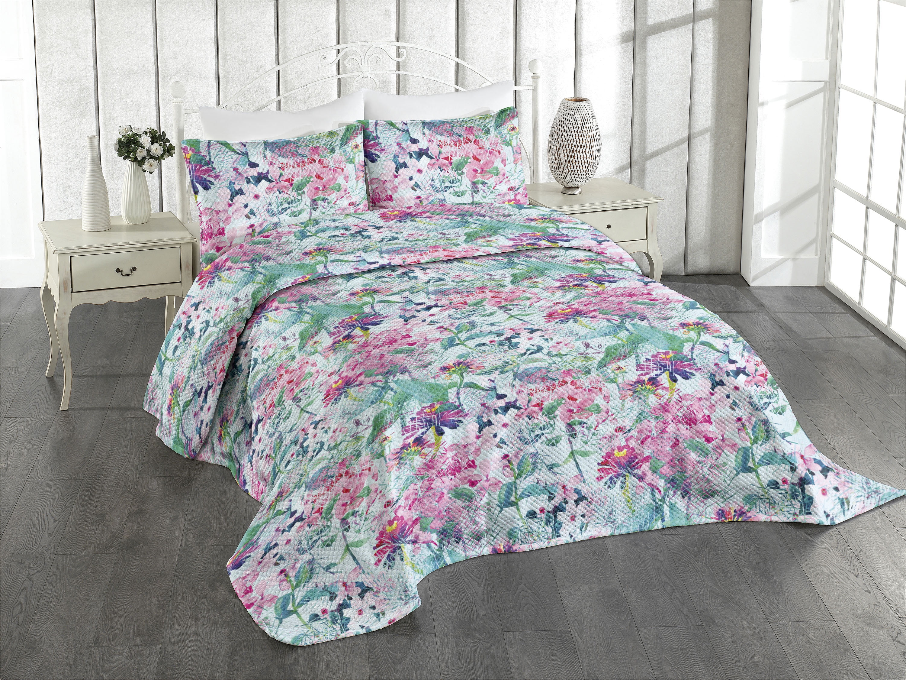 Ambesonne Asian Floral Quilted Coverlet 2 Pcs, Grunge Japanese Sakura ...