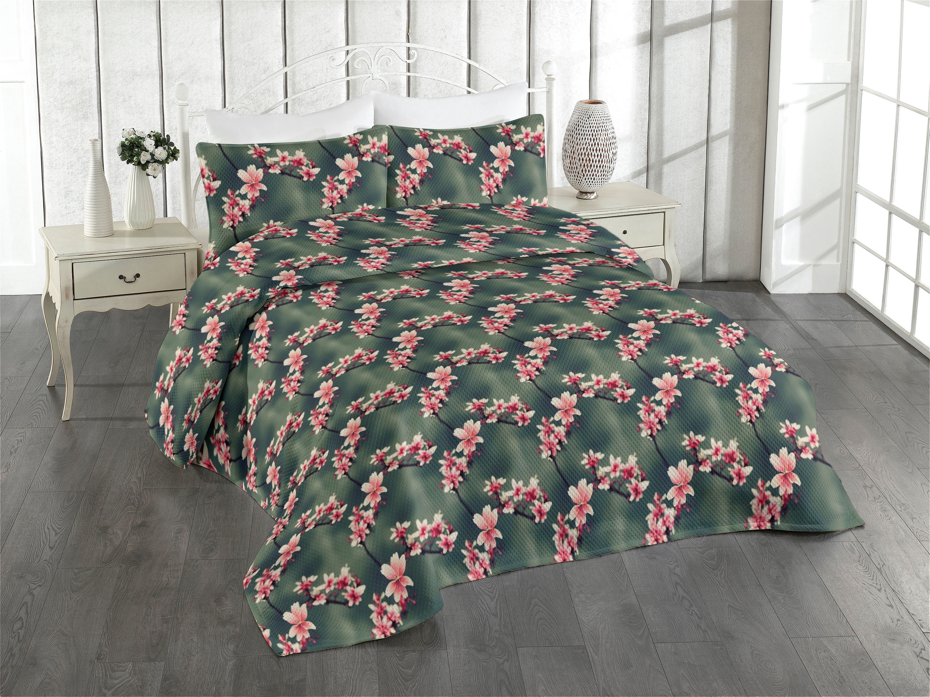 Ambesonne Asian Quilted Bedspread Set 3 Pcs, Cherry Blossom Japan Aura ...