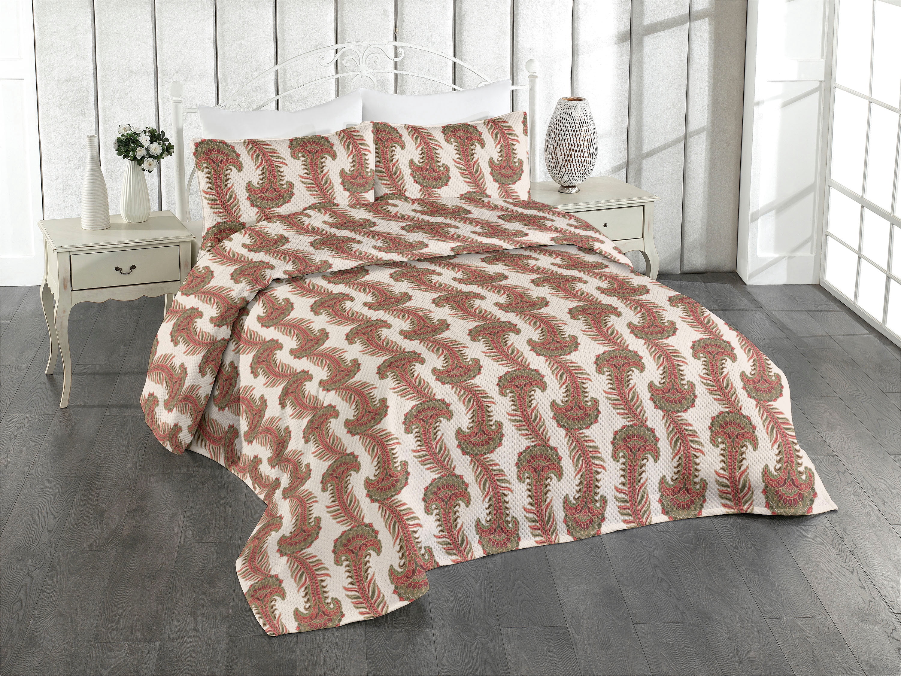 Ambesonne Asian Quilted Bedspread Set 3 Pcs, Dragon Spine Look Floral ...