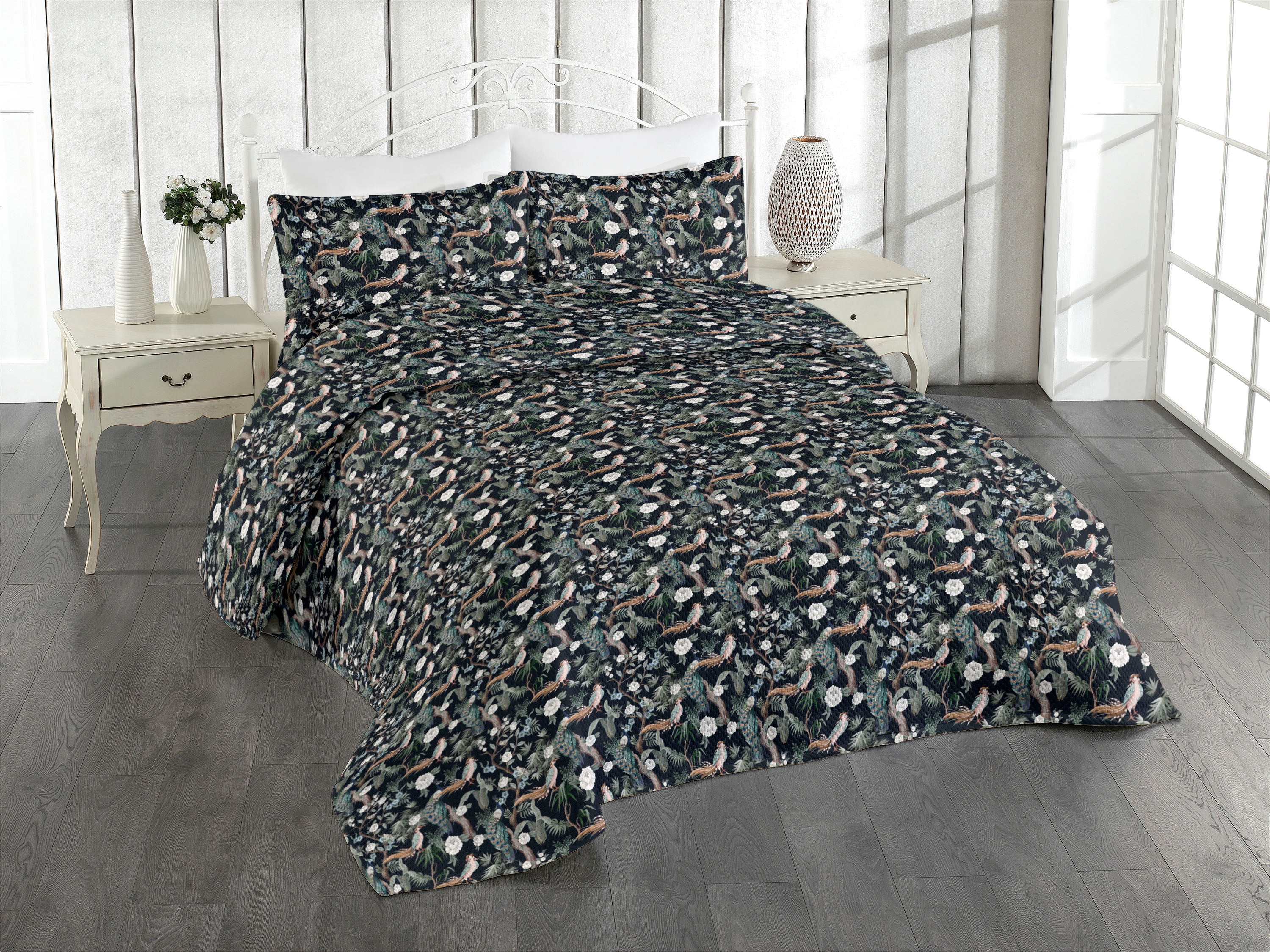 Ambesonne Asian Quilted Bedspread Set 3 Pcs, Tropical Peacock Birds ...