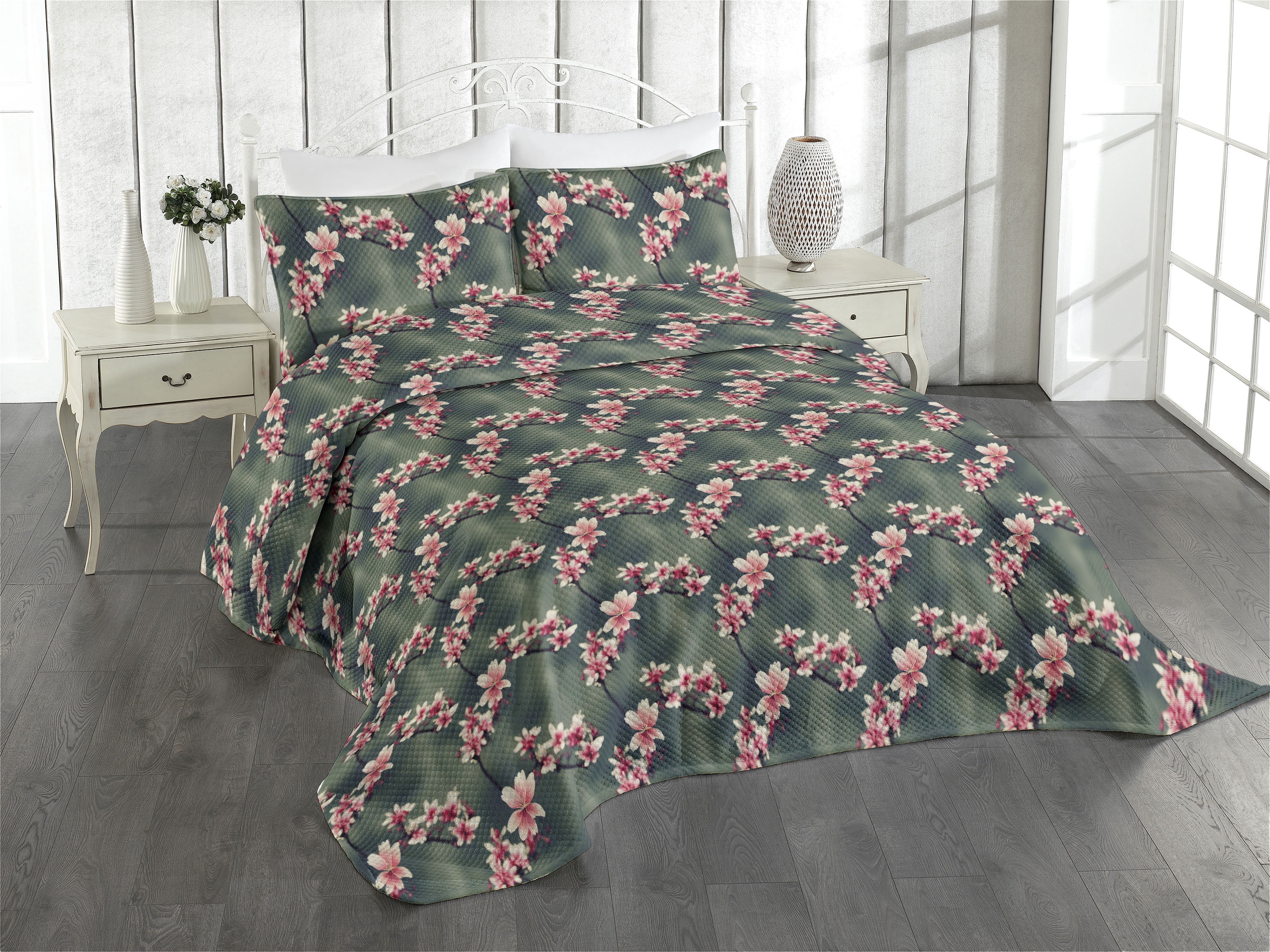 Ambesonne Asian Quilted Coverlet 3 Pcs, Cherry Blossom Japan Aura Art ...