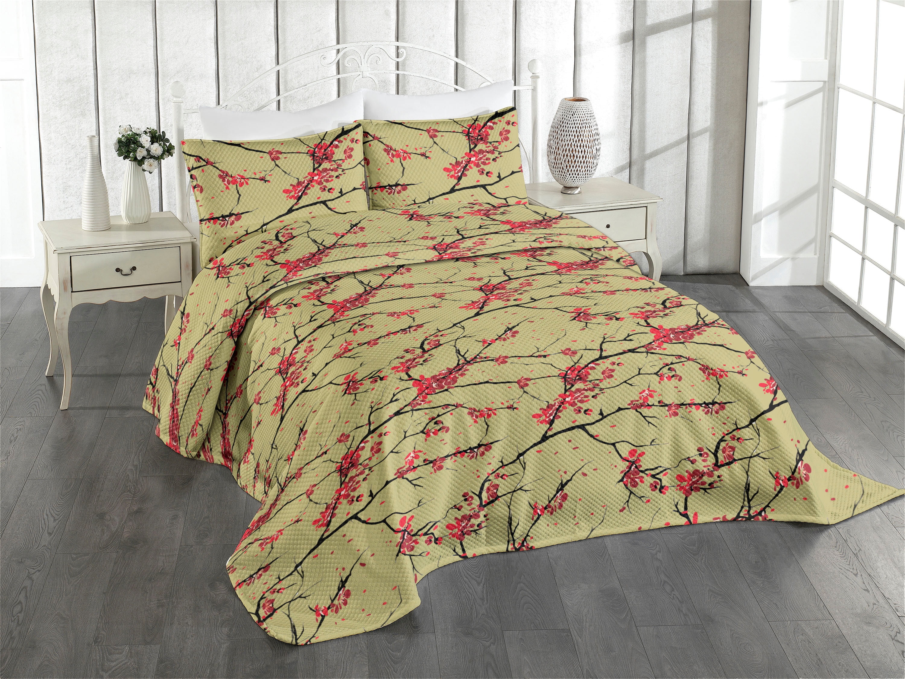 Ambesonne Asian Spring Quilted Coverlet 3 Pcs, Japan Leafy Branches ...