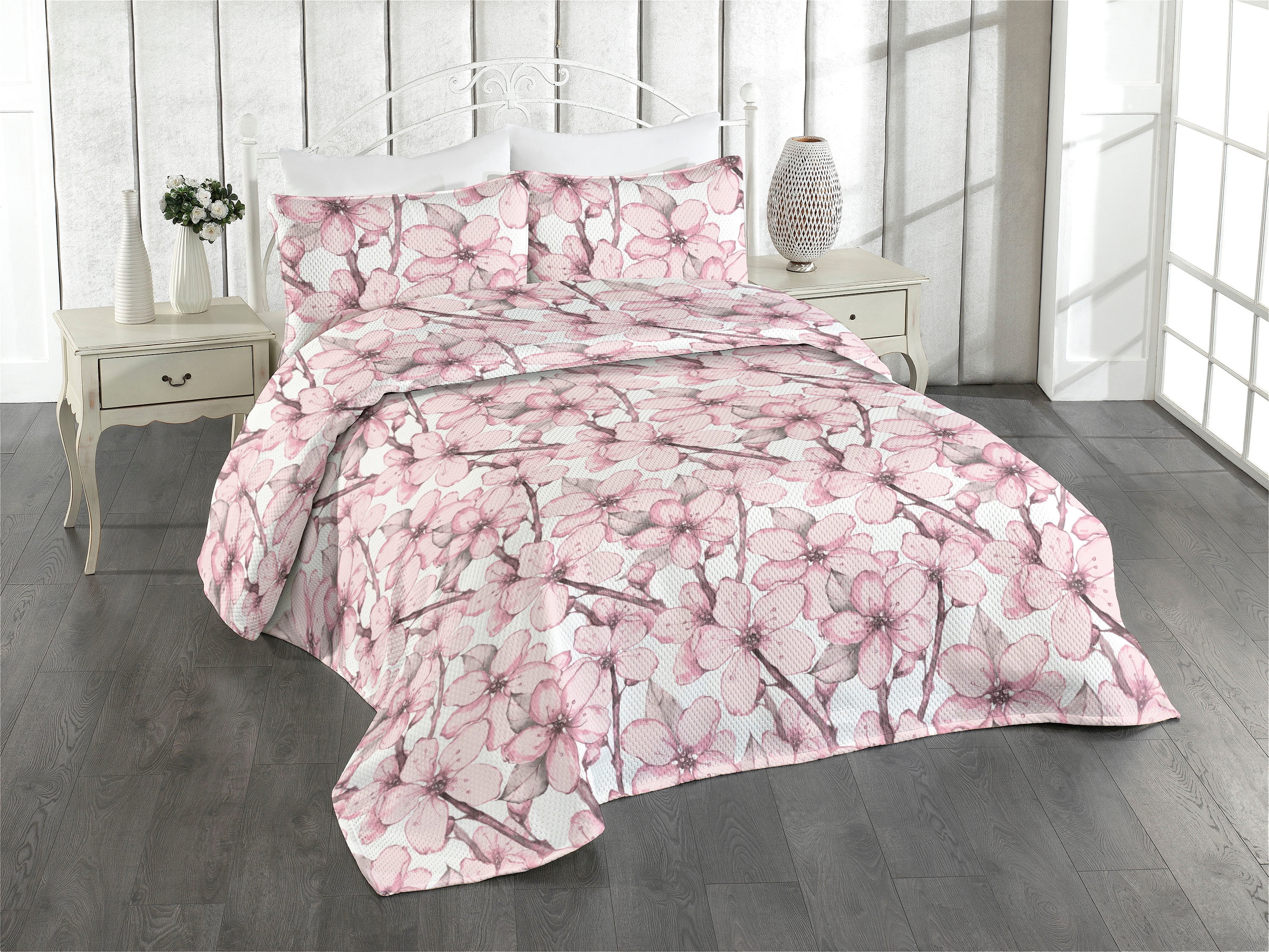 Ambesonne Asian Springtime Quilted Bedspread Set 3 Pcs, Art Cherry ...