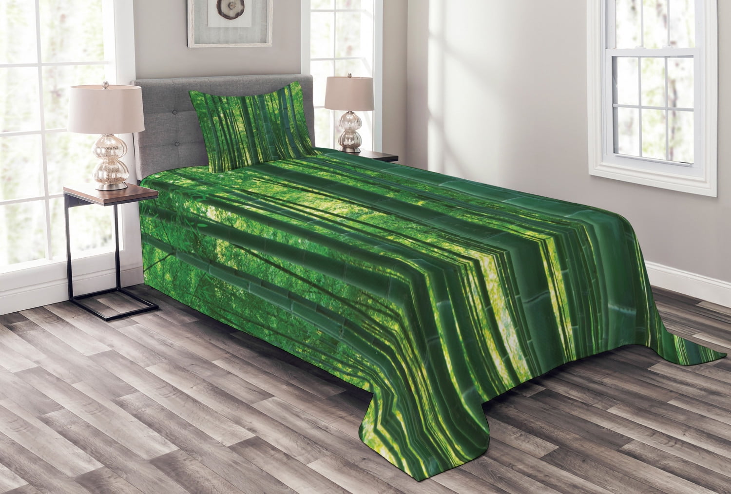 Ambesonne Asian Themed Quilted Bedspread Set 2 Pcs, Green Wild Exotics ...