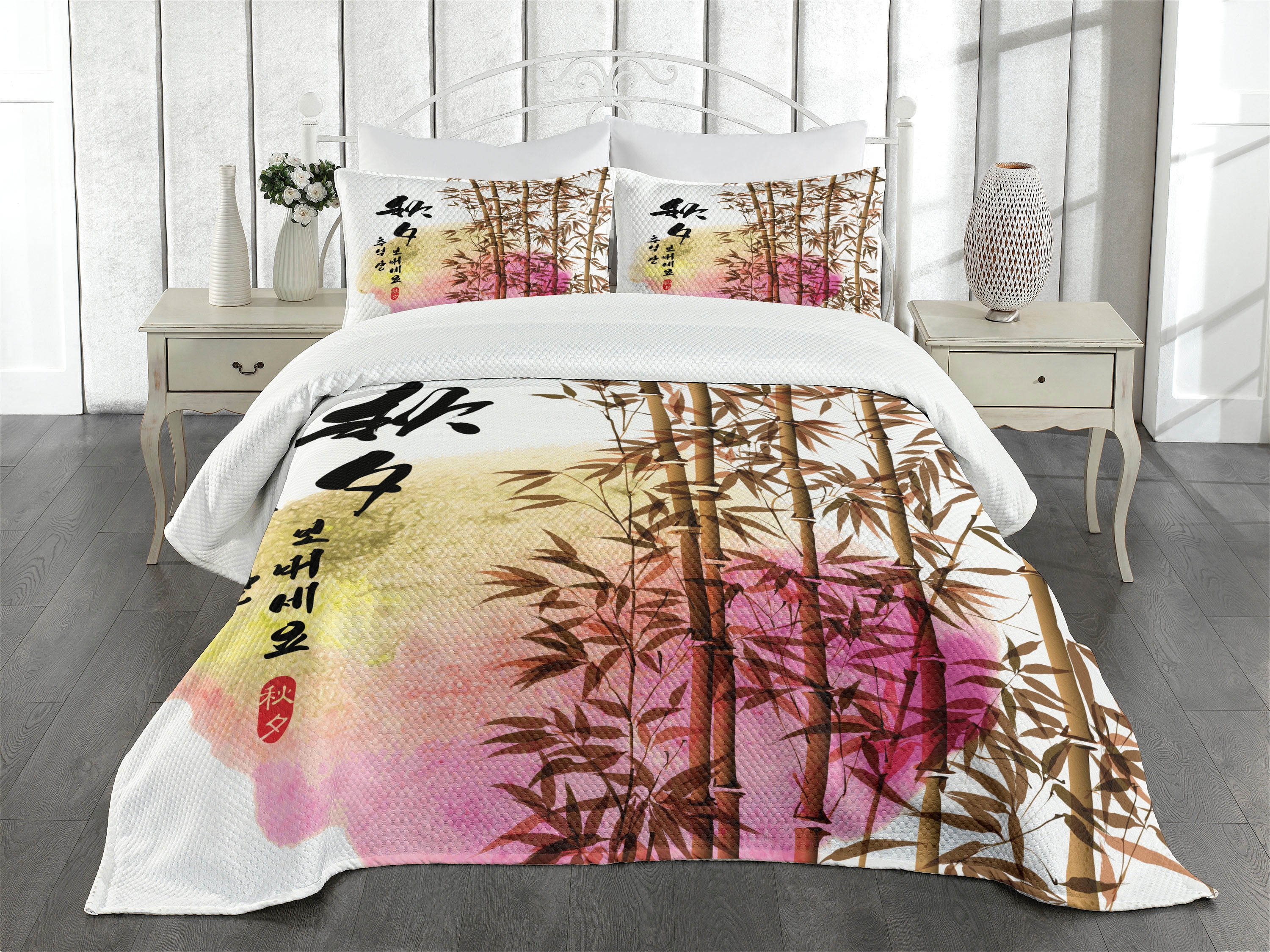 Ambesonne Asian Themed Quilted Bedspread Set 3 Pcs, Japanese Leaves ...