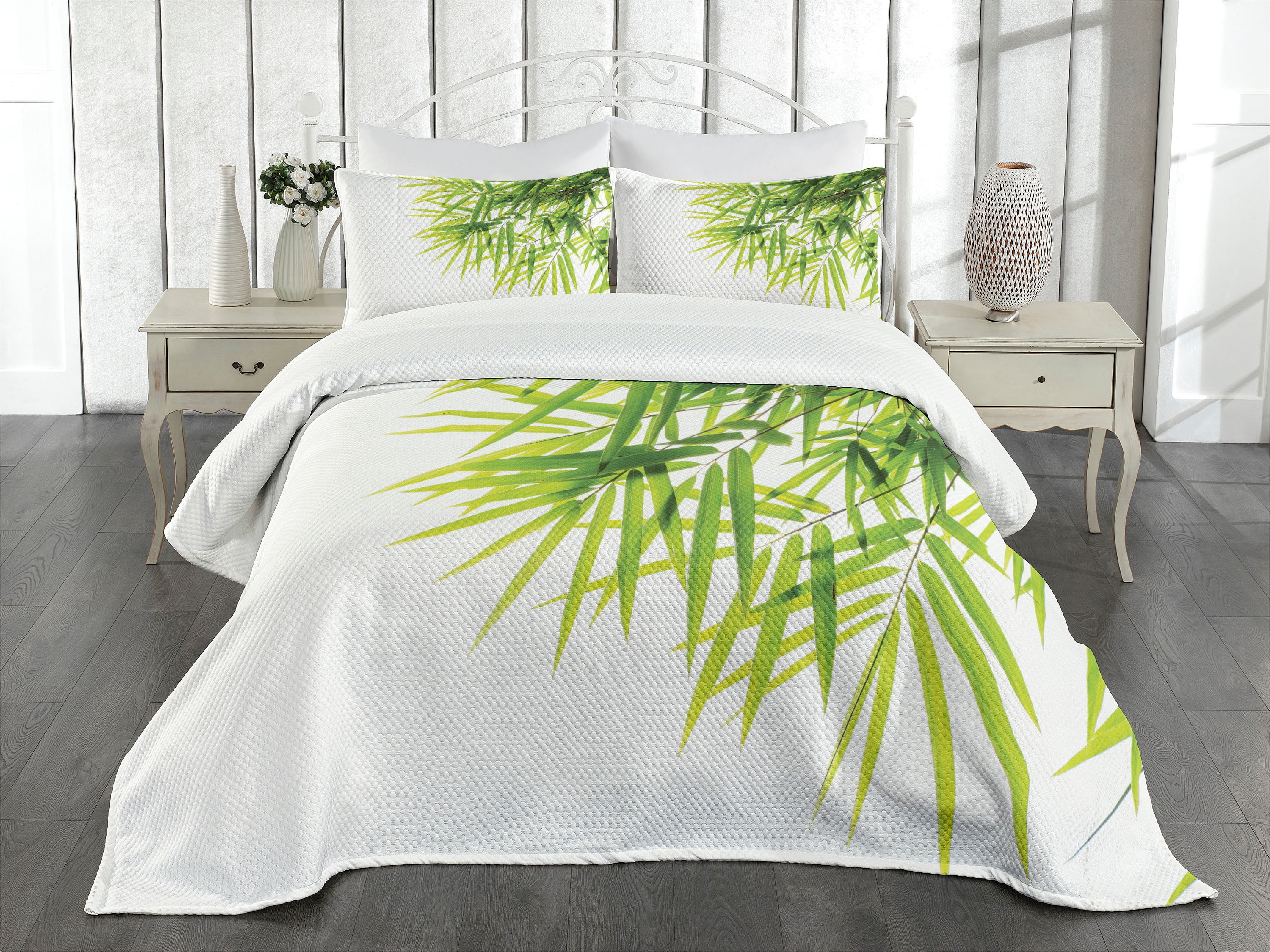 Ambesonne Asian Themed Quilted Bedspread Set 3 Pcs, Leaves Greenery ...