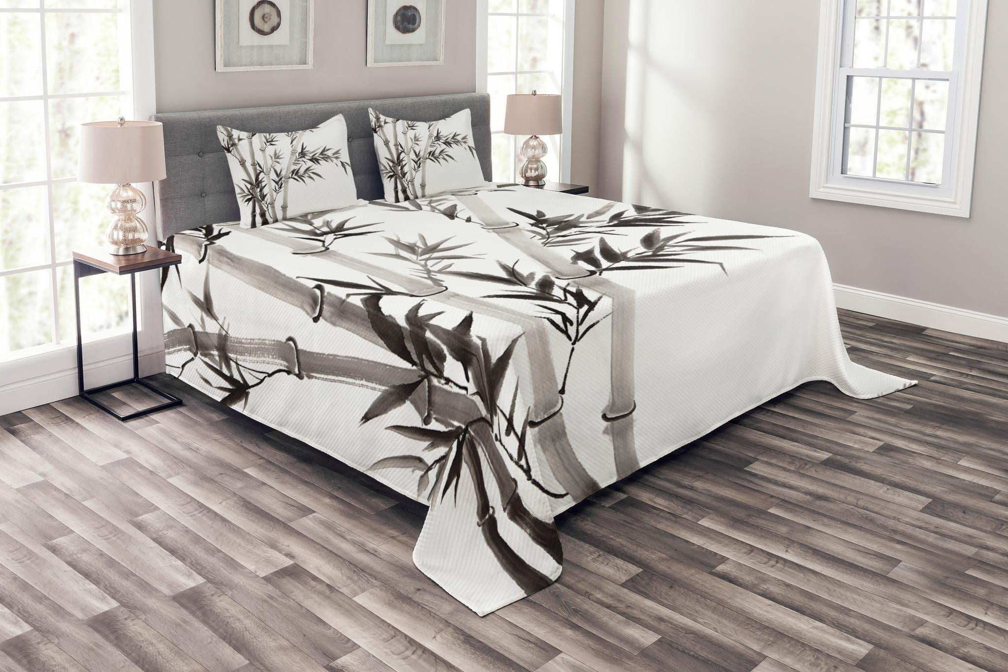 Ambesonne Asian Themed Quilted Bedspread Set 3 Pcs, Traditional Leaves ...
