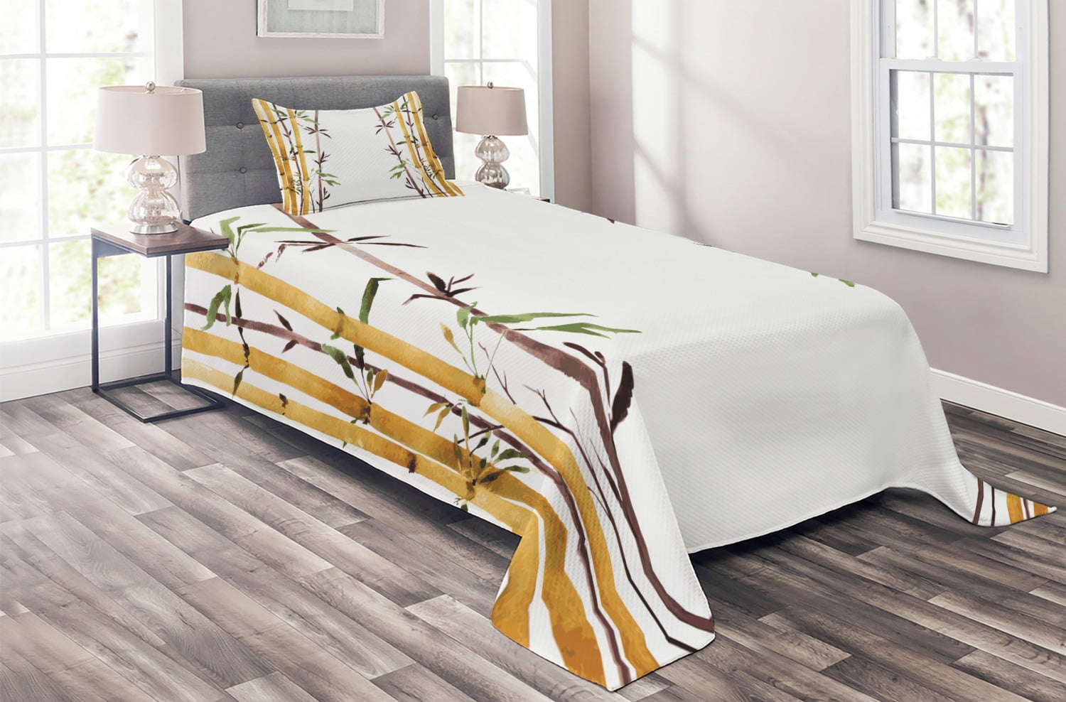 Ambesonne Asian Themed Quilted Coverlet 2 Pcs, Simple Watercolor Leaf ...