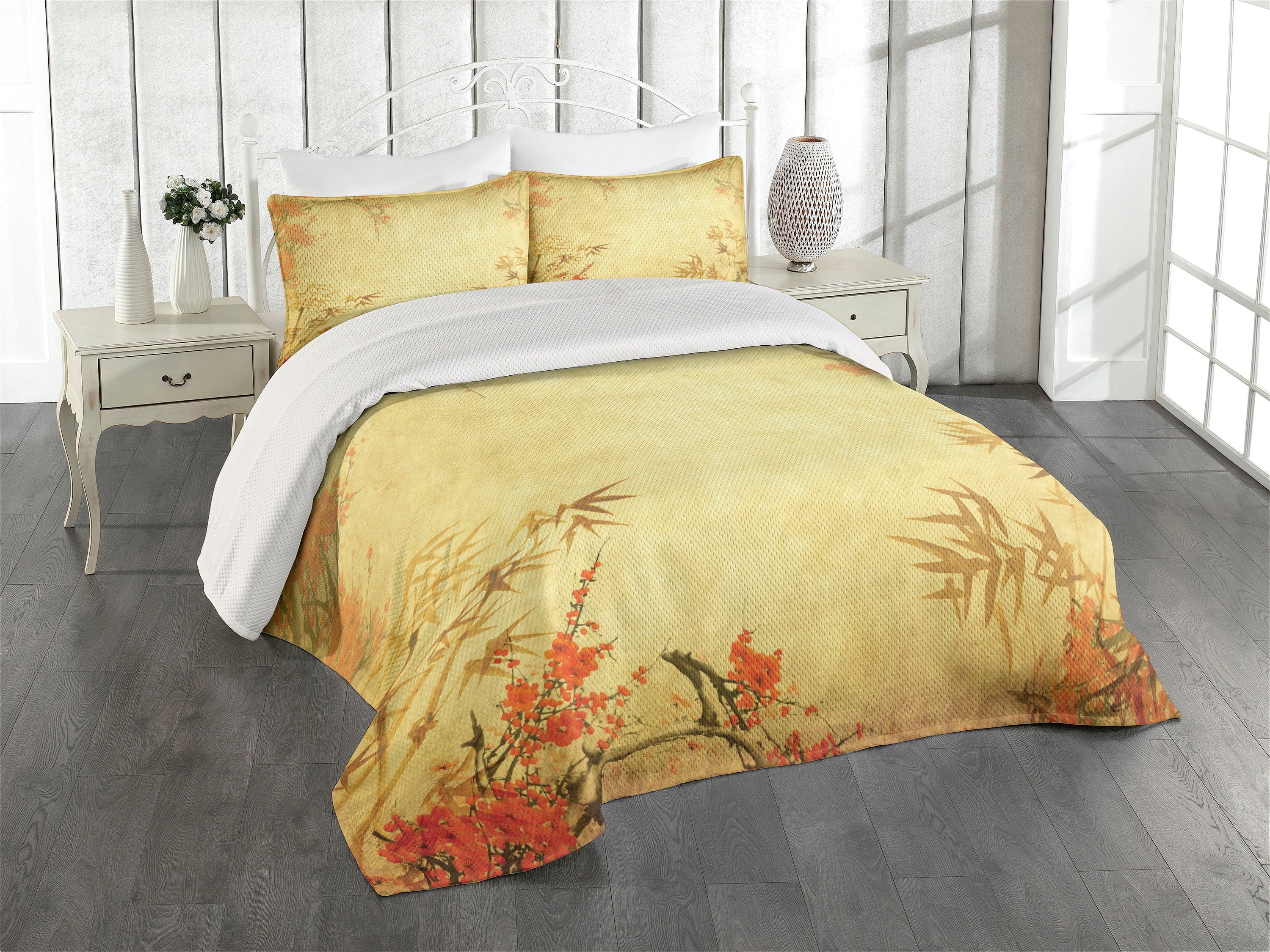 Ambesonne Asian Themed Quilted Coverlet 3 Pcs, Forest Branch Blooms ...