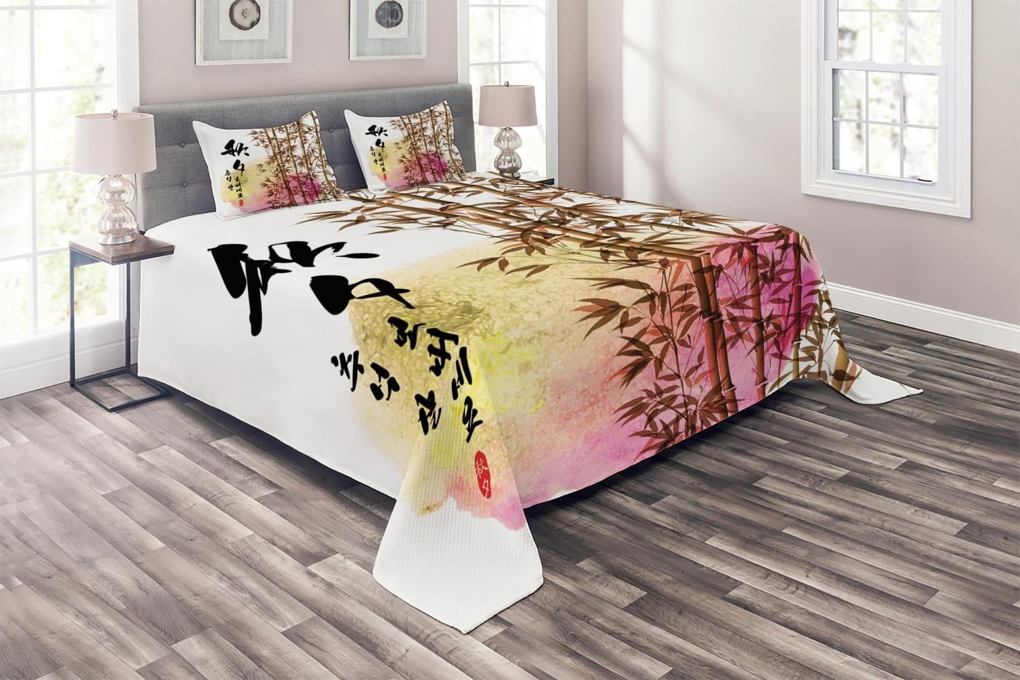 Ambesonne Asian Themed Quilted Coverlet 3 Pcs, Japanese Leaves Motif ...