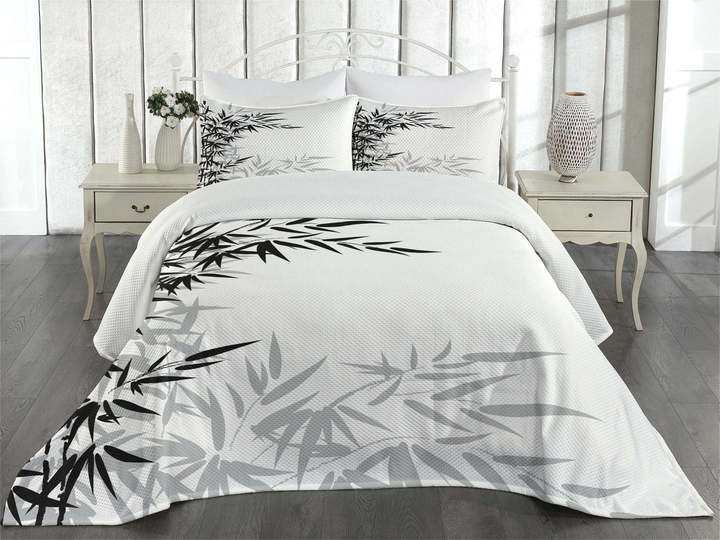 Ambesonne Asian Themed Quilted Coverlet 3 Pcs, Monochrome Art Leaves ...