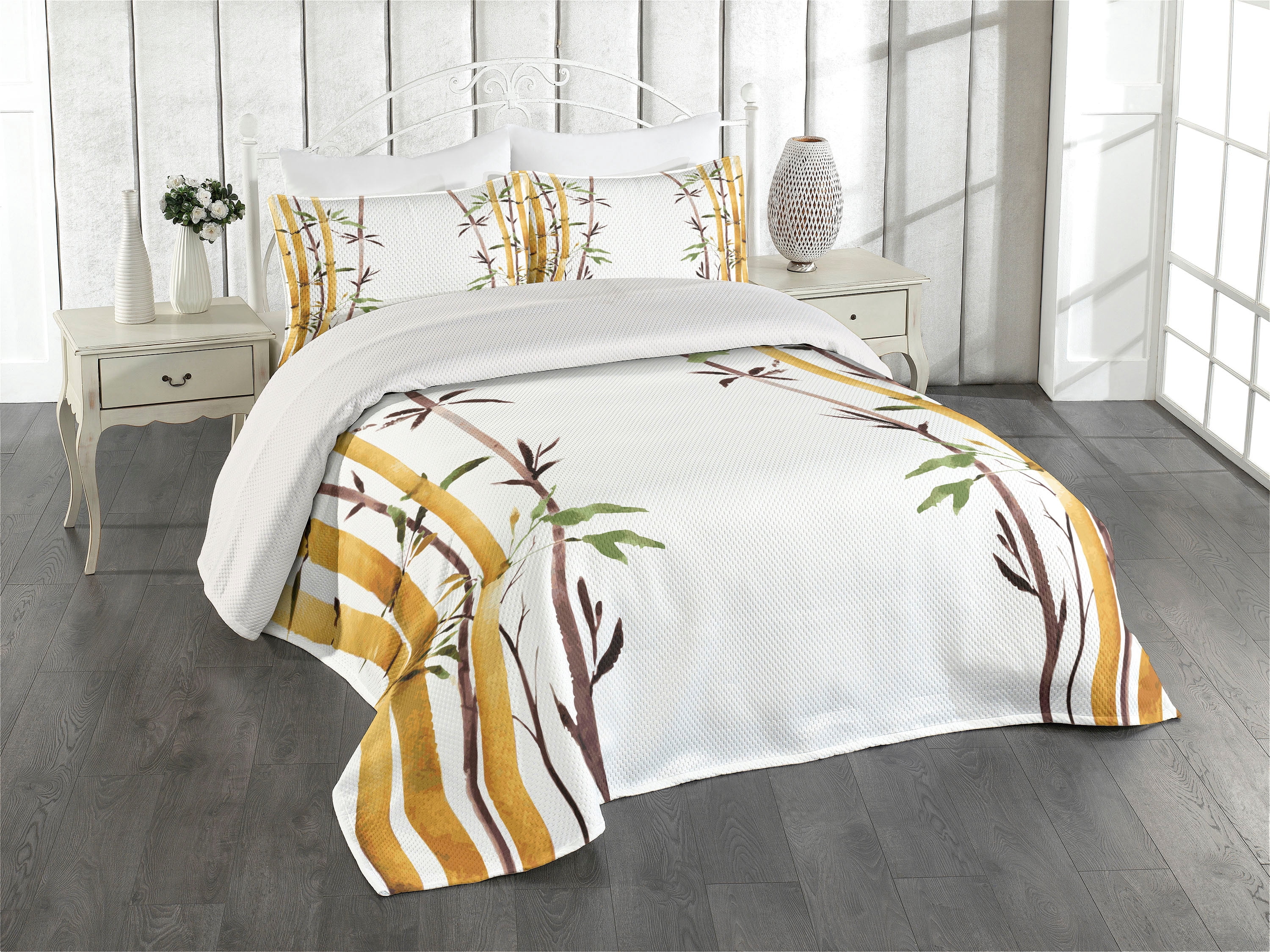Ambesonne Asian Themed Quilted Coverlet 3 Pcs, Simple Watercolor Leaf ...