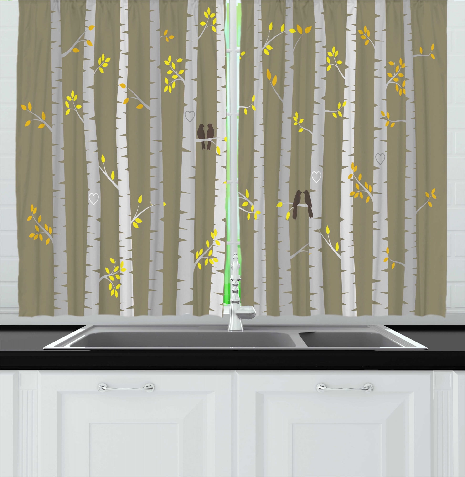 Ambesonne Aspen Tree Kitchen Curtains, Birch Trees Love Birds, 55"x45 ...