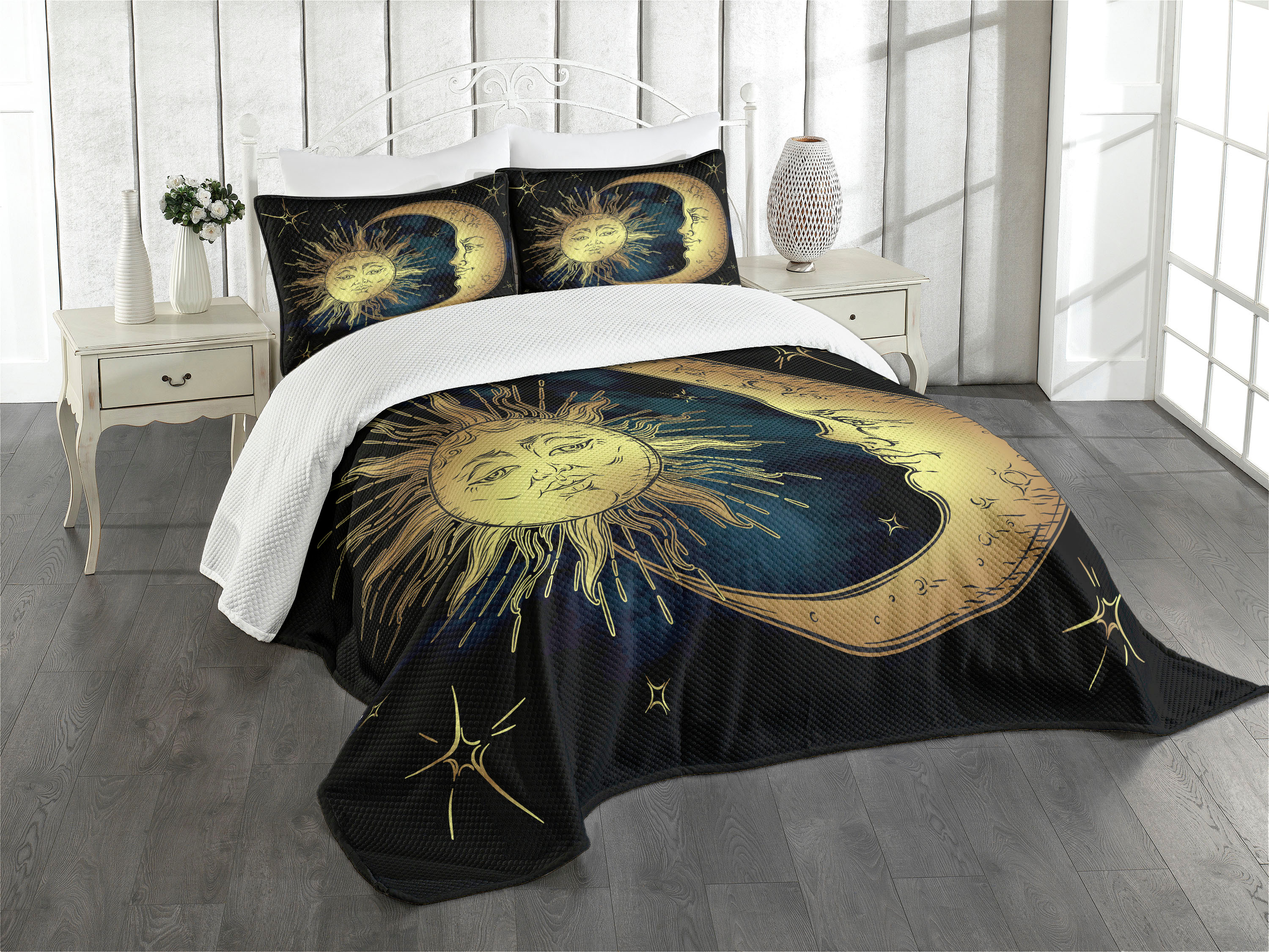 Ambesonne Astrology Quilted Bedspread Set 3 Pcs, Moon and Sun, King ...