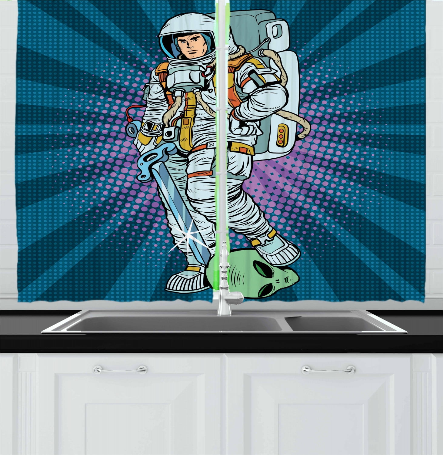 Ambesonne Astronaut Kitchen Curtains, Galaxy Design, 55"x39", Teal and ...