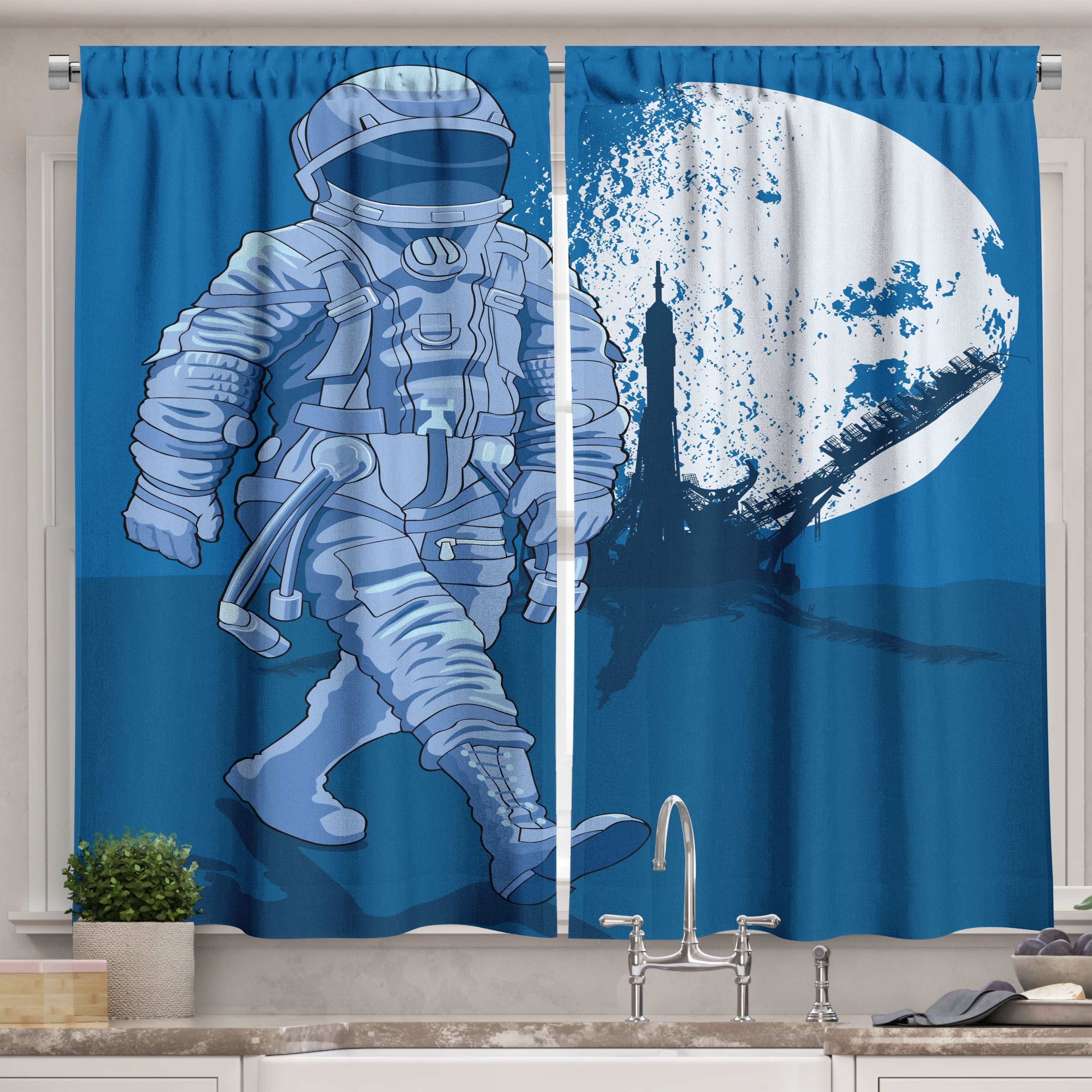 Ambesonne Astronaut Kitchen Curtains, Walking on the Moon, 55"x39 ...