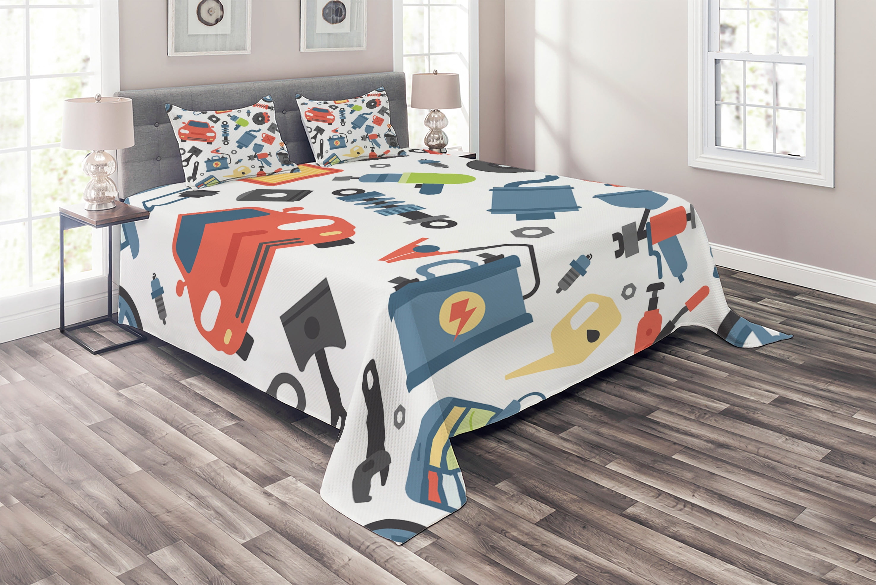 Ambesonne Auto Mechanic Quilted Coverlet 3 Pcs, Car Repair Elements ...