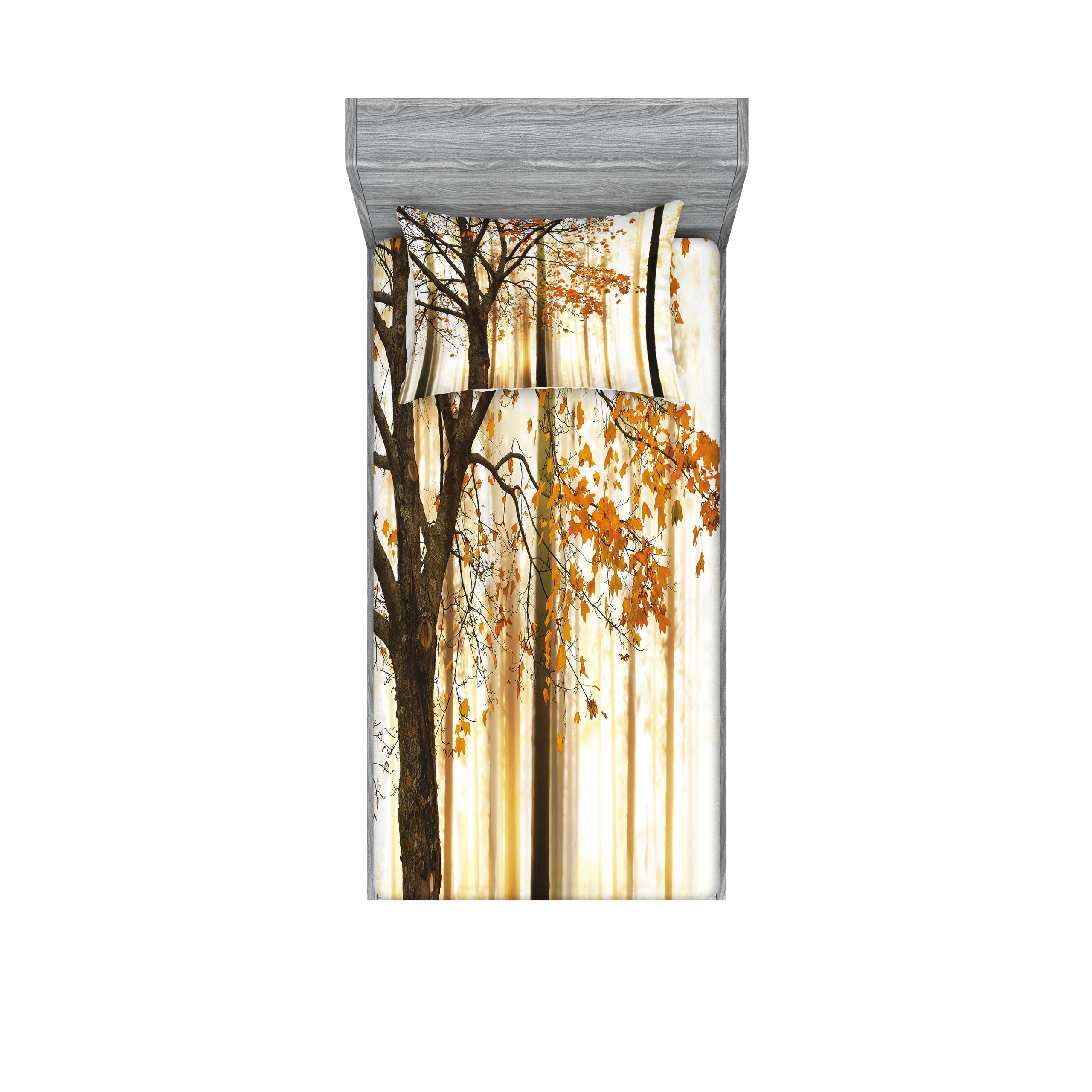 Ambesonne Autumn Fitted Sheet & Pillow Sham Set, Bare Branches Fall ...