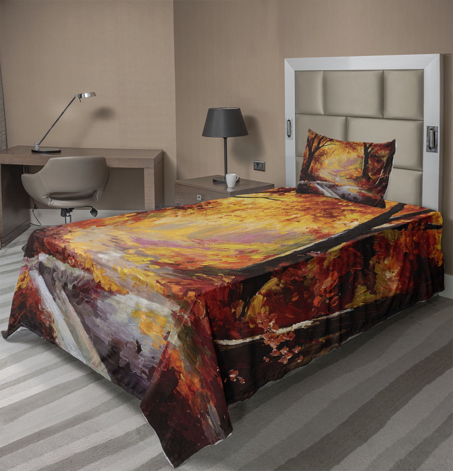 Ambesonne Autumn Fitted & Top Sheet Set with Sham, Forest Trees Leaves ...