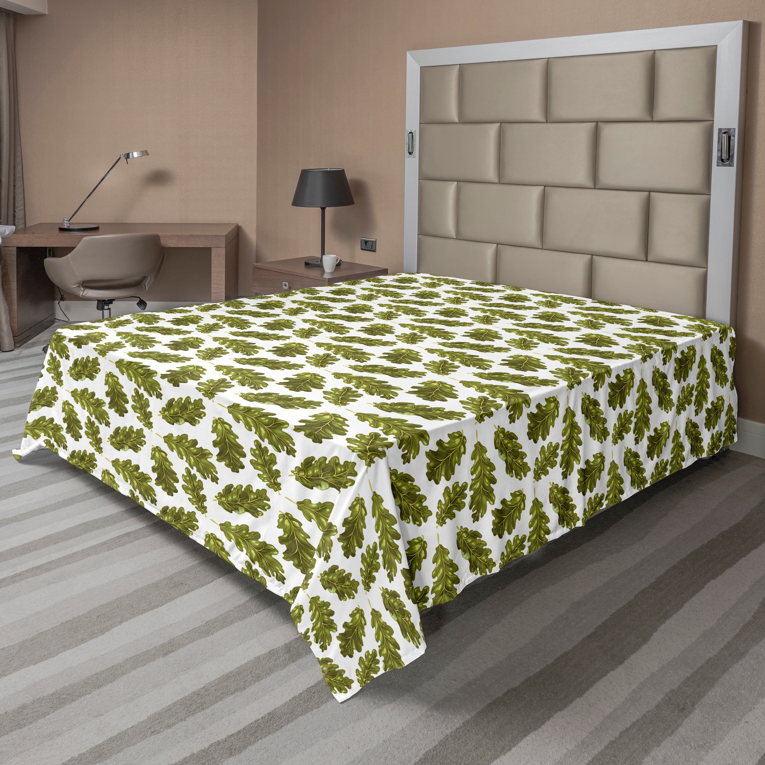 Ambesonne Autumn Flat Sheet, Green Oak Leaves on Season, Queen Size ...