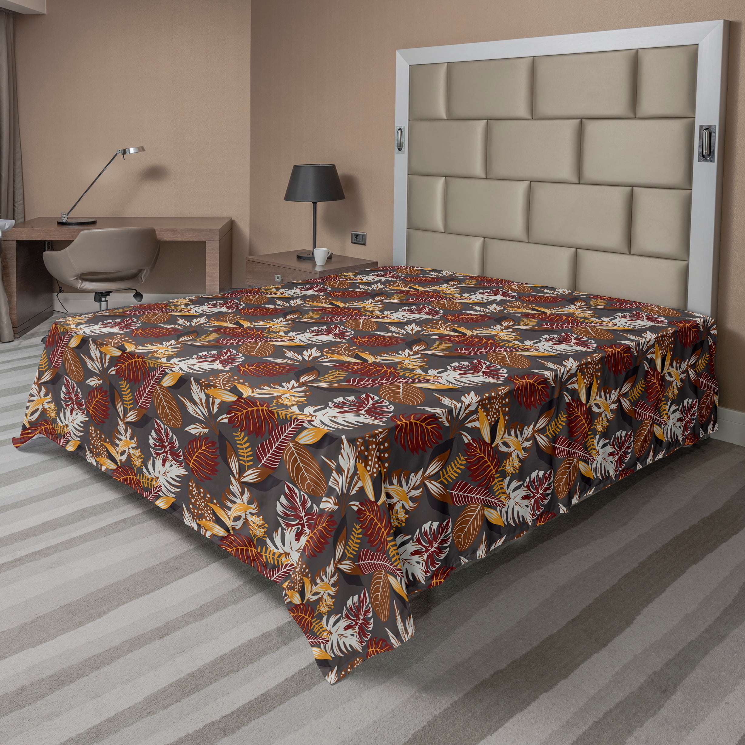 Ambesonne Autumn Flat Sheet, Tropic Leaves in Earth Tones, King Size ...