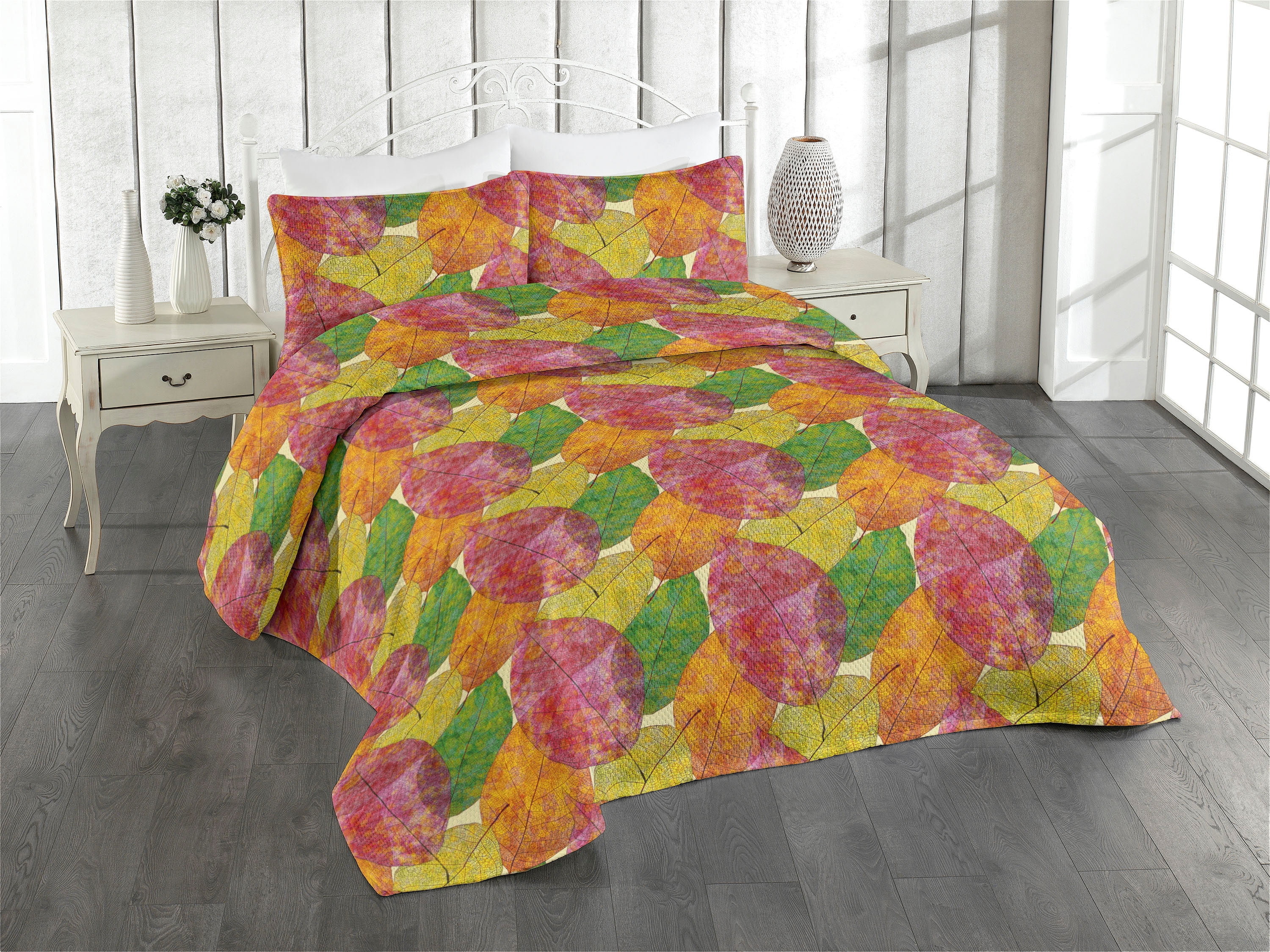 Ambesonne Autumn Leaves Quilted Bedspread Set 3 Pcs, Colorful Leaf ...