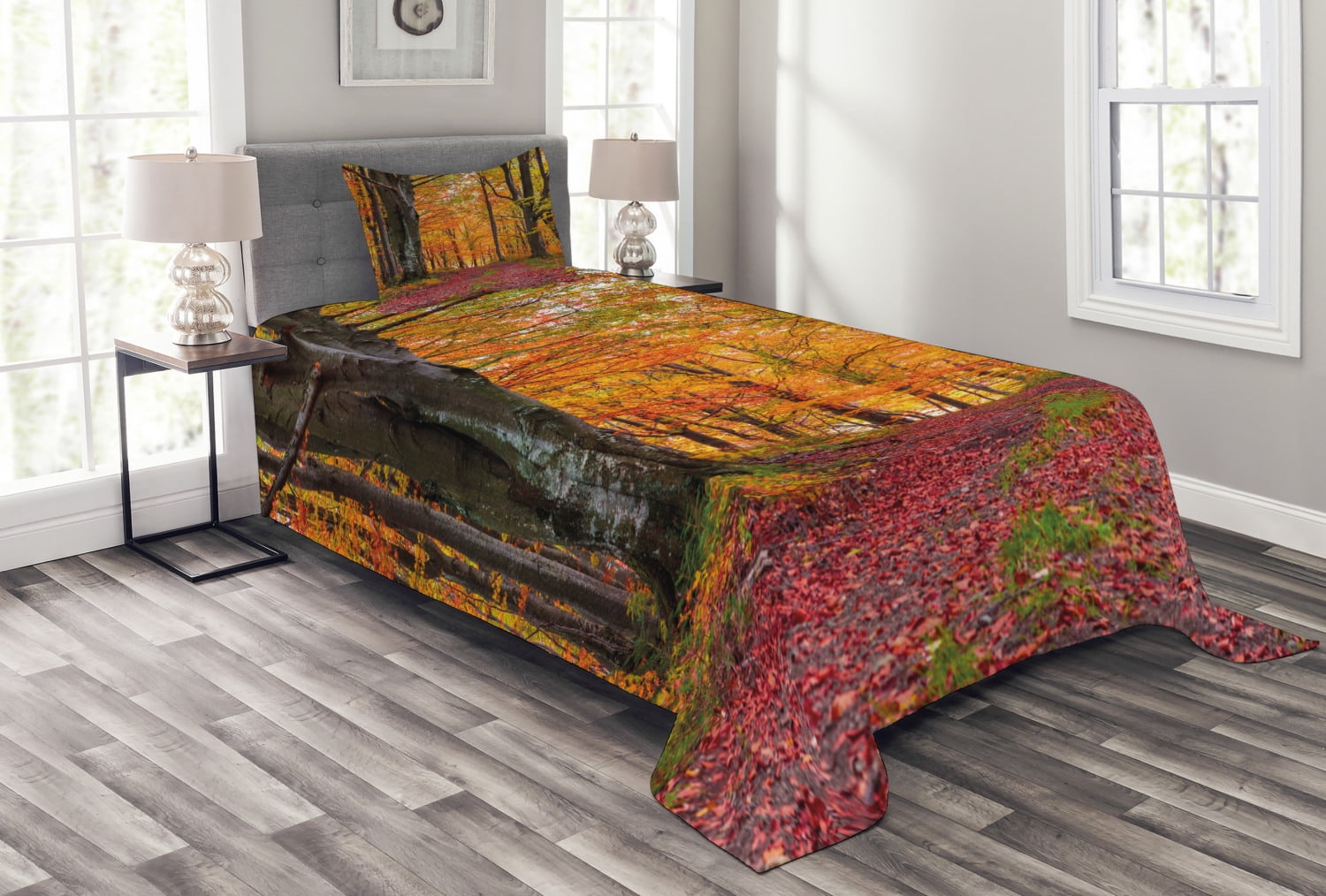 Ambesonne Autumn Quilted Bedspread Set 2 Pcs, Shady Deciduous Trees ...