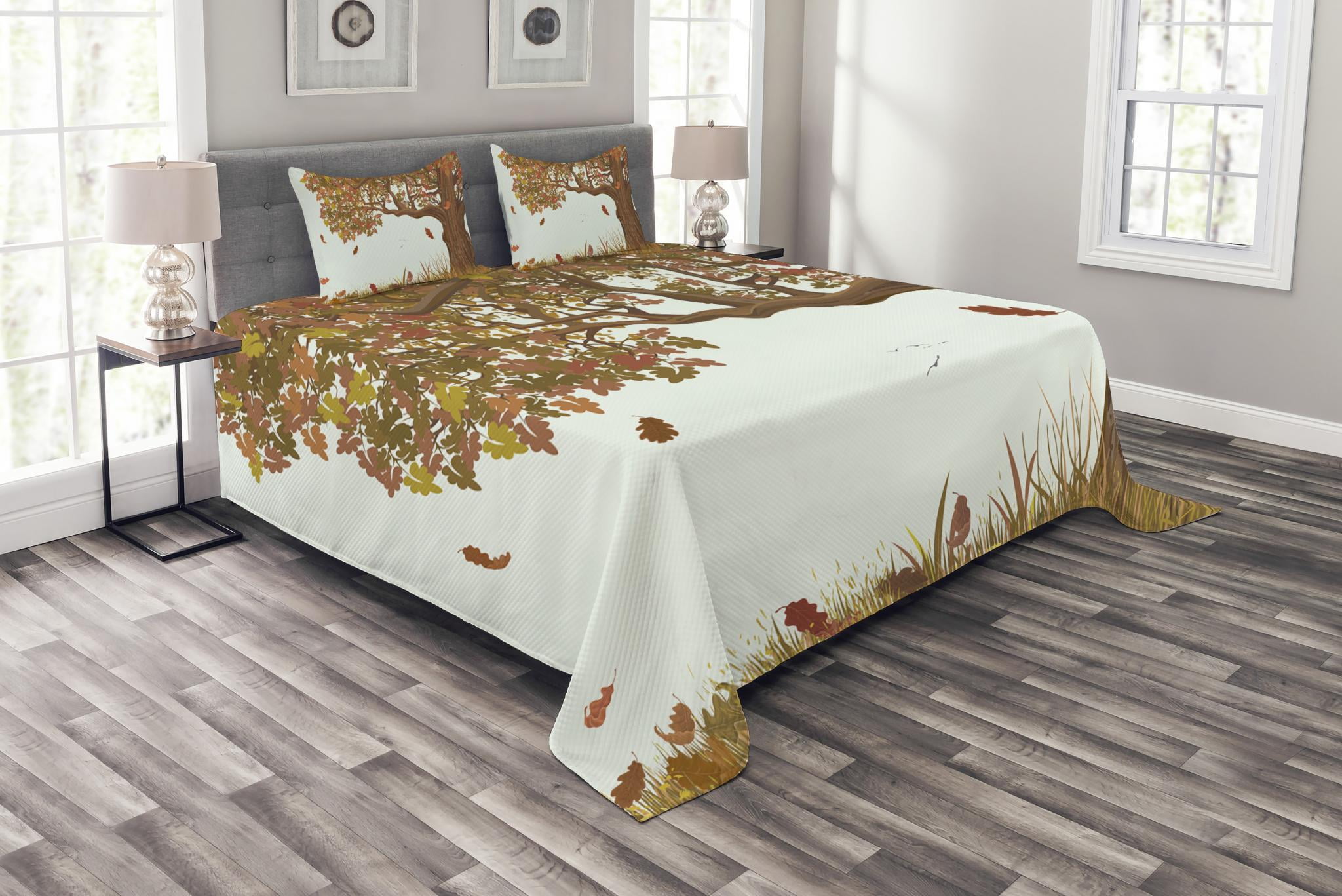 Ambesonne Autumn Quilted Bedspread Set 3 Pcs, Deciduous Oak Leaves ...