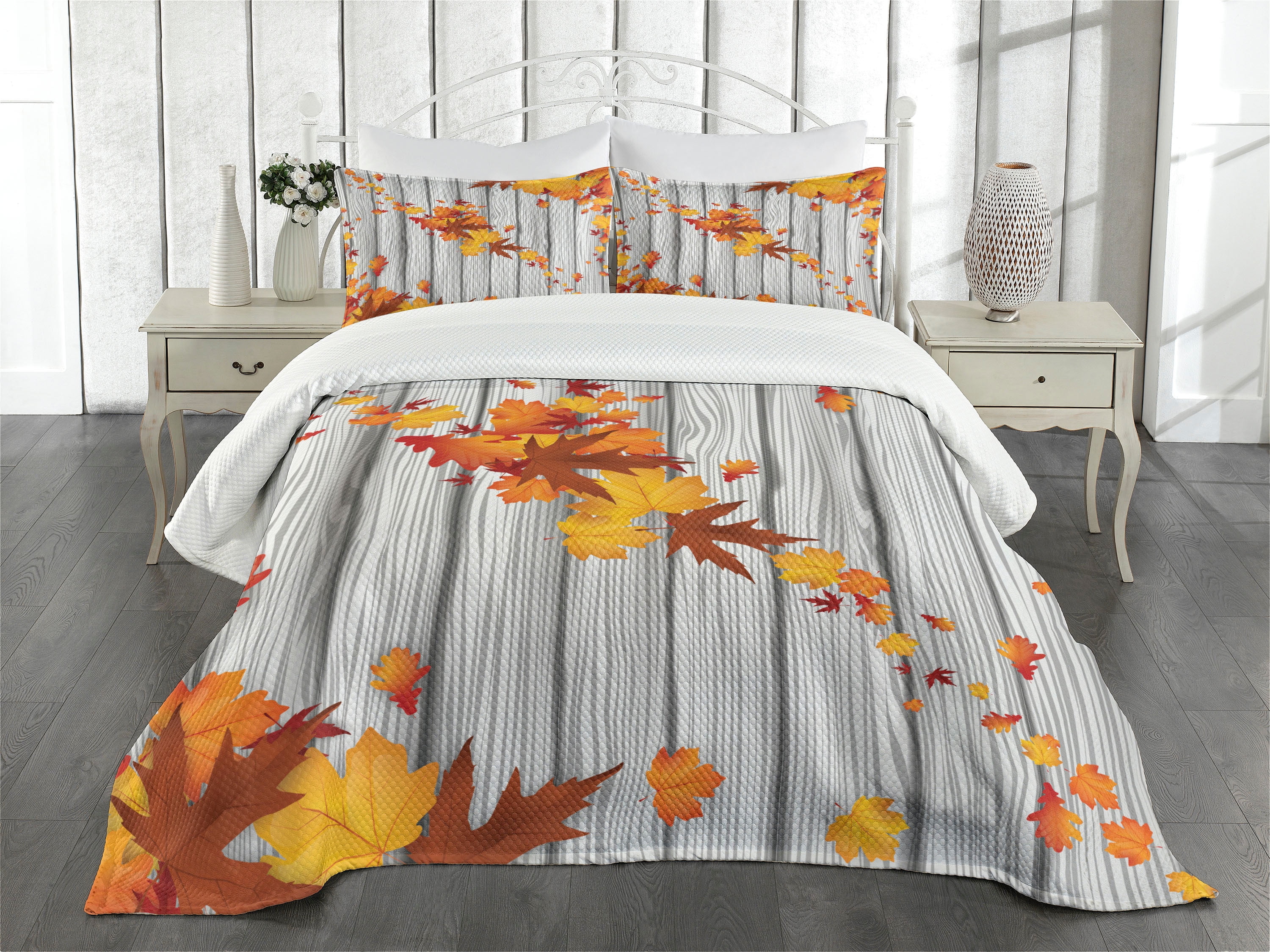 Ambesonne Autumn Quilted Bedspread Set 3 Pcs, Fall Maple Leafs Tree ...