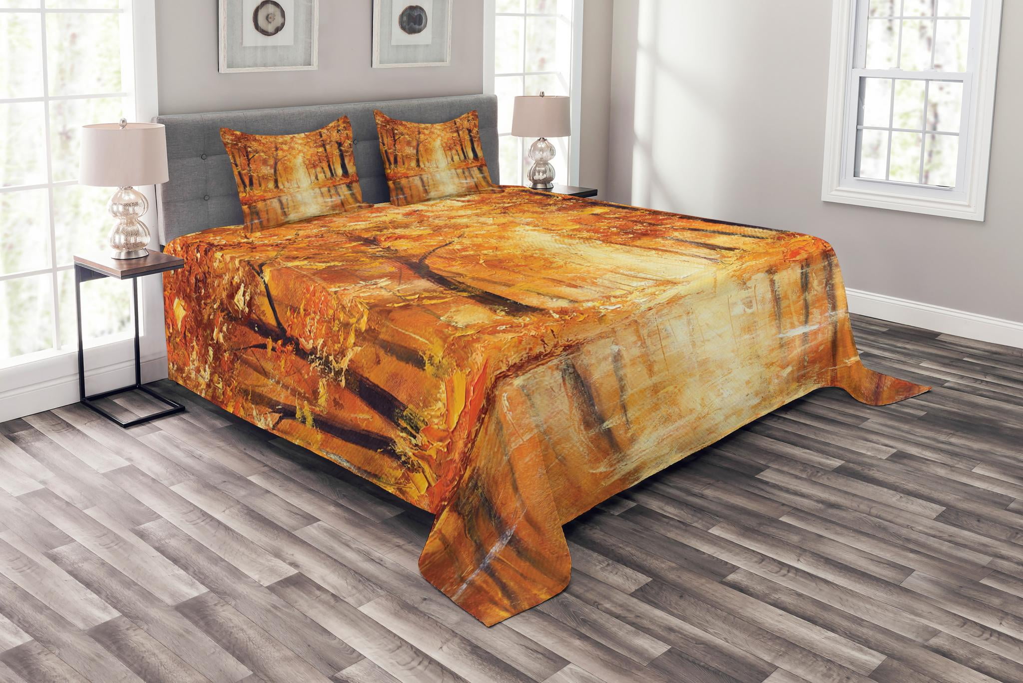 Ambesonne Autumn Quilted Bedspread Set 3 Pcs, Forest Lake Fall Trees ...