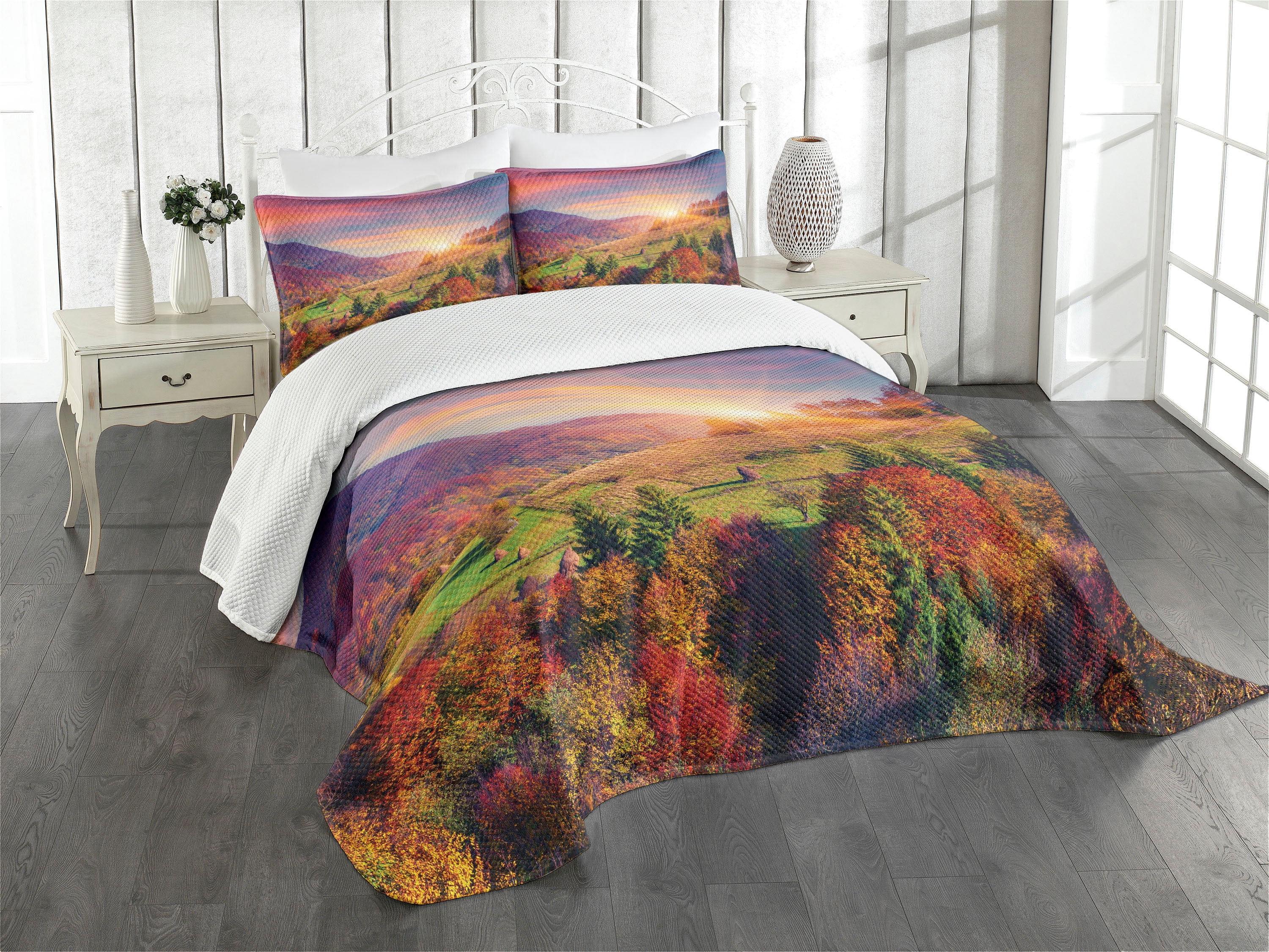 Ambesonne Autumn Quilted Bedspread Set 3 Pcs, Morning in Mountain Tree ...