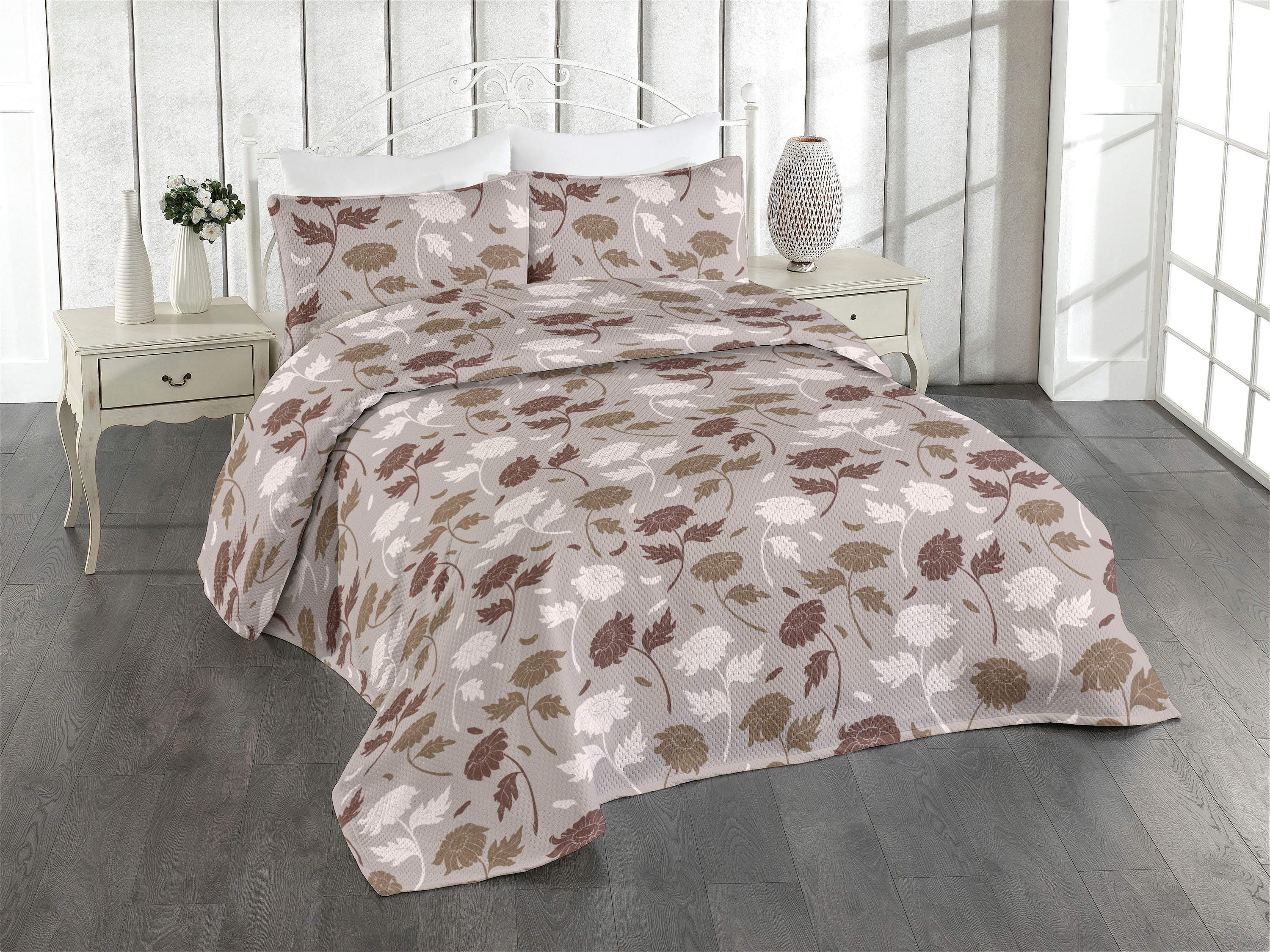 Ambesonne Autumn Quilted Bedspread Set 3 Pcs, Romantic Daisy Silhouette ...