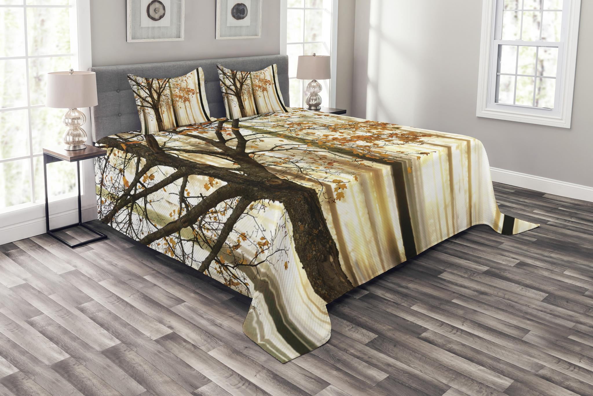 Ambesonne Autumn Quilted Bedspread Set 3 Pcs, Tree in Abstract Woods ...