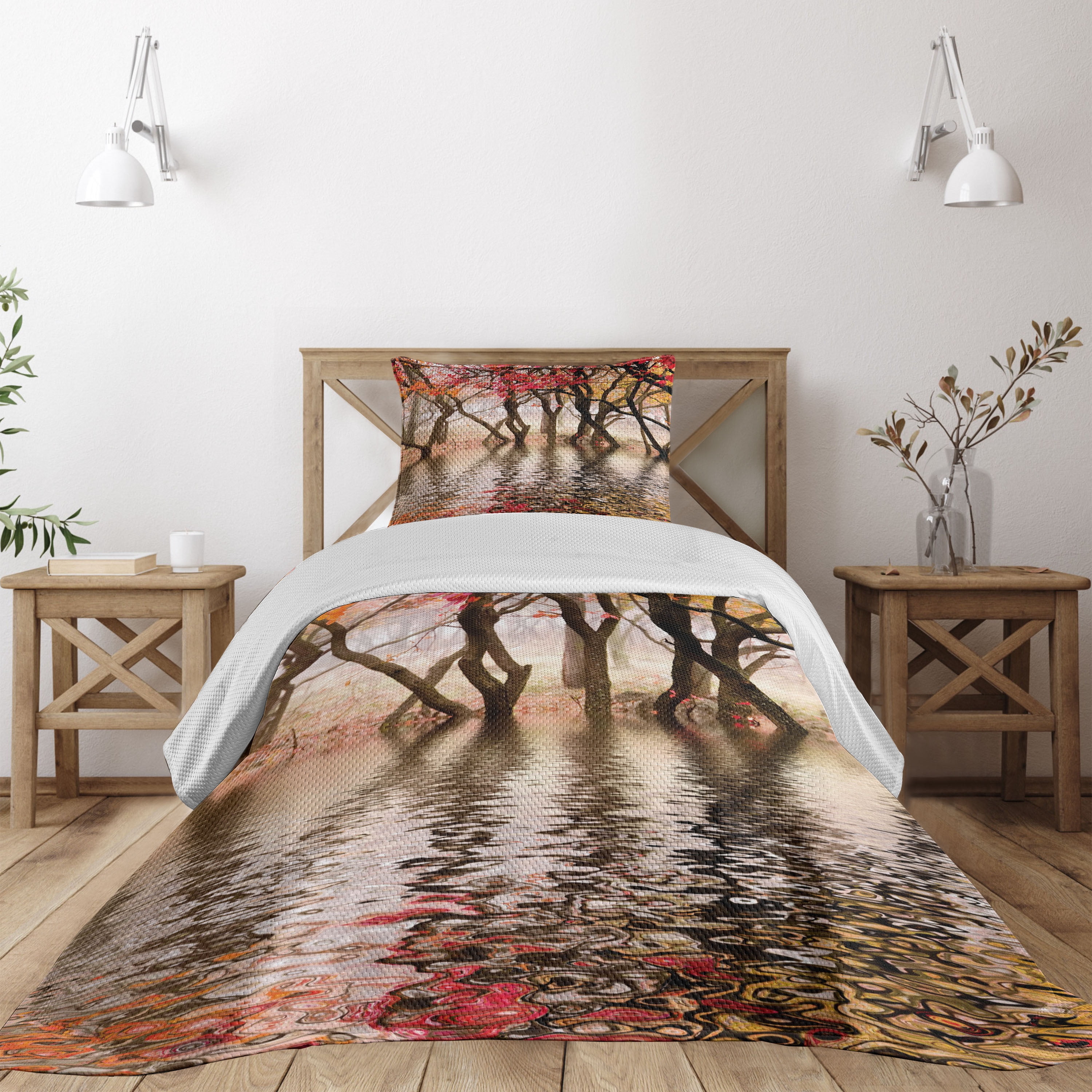 Ambesonne Autumn Quilted Coverlet 2 Pcs, Fall Season River with Trees ...