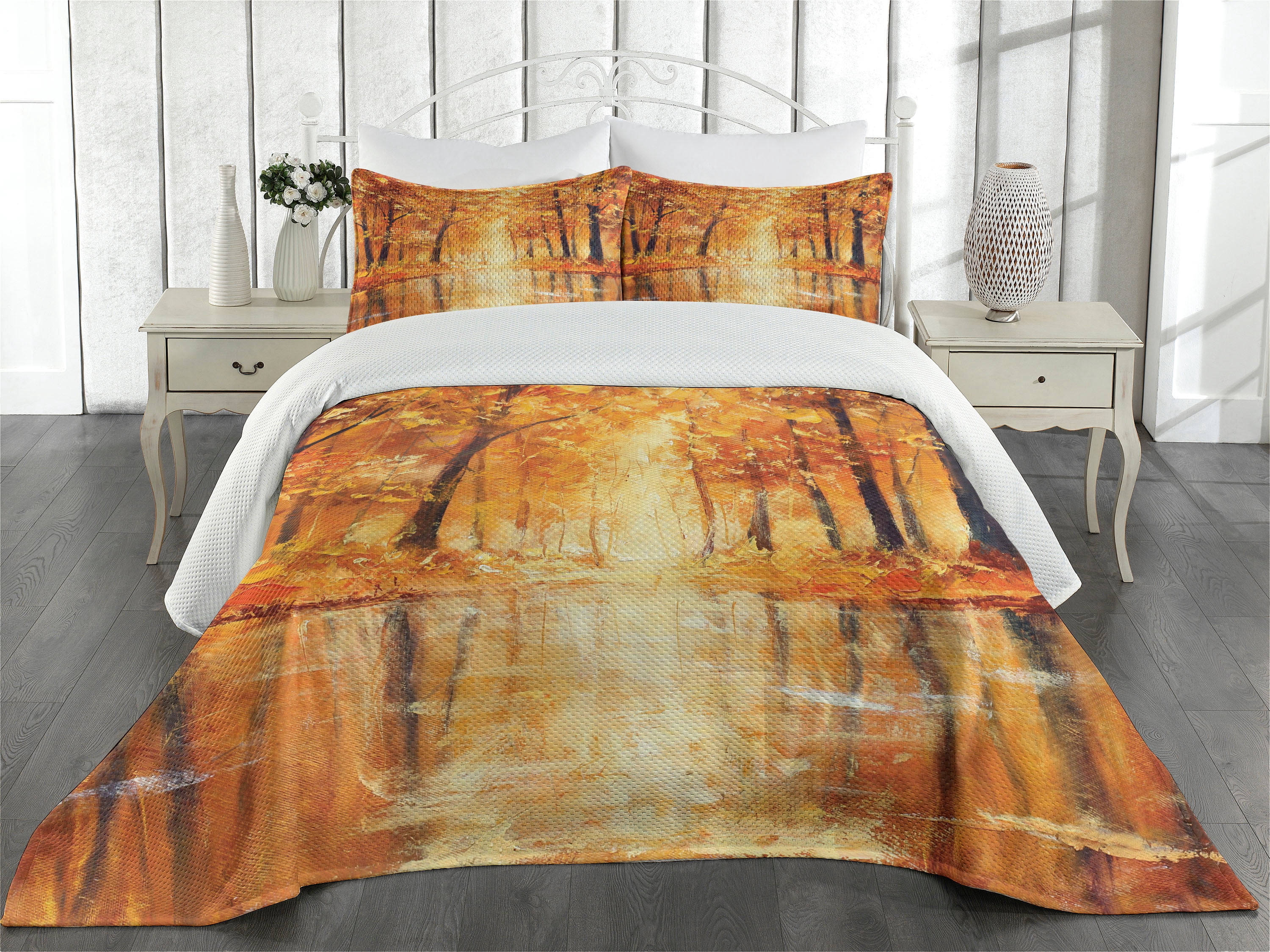 Ambesonne Autumn Quilted Coverlet 3 Pcs, Forest Lake Fall Trees, Queen ...